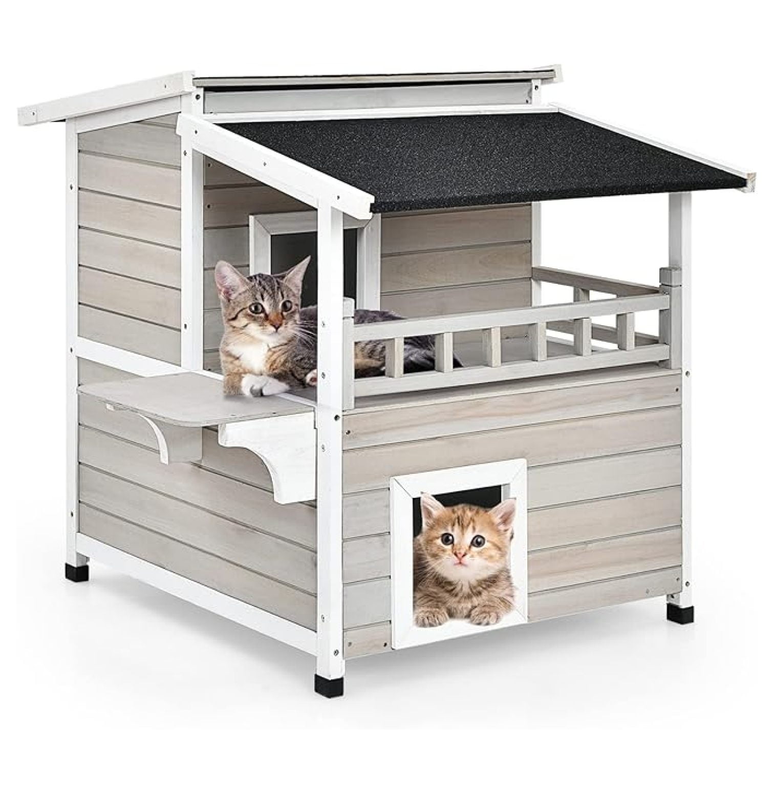 Outdoor Cat House Wooden, 2-Story Cat Shelter with Escape Door ...