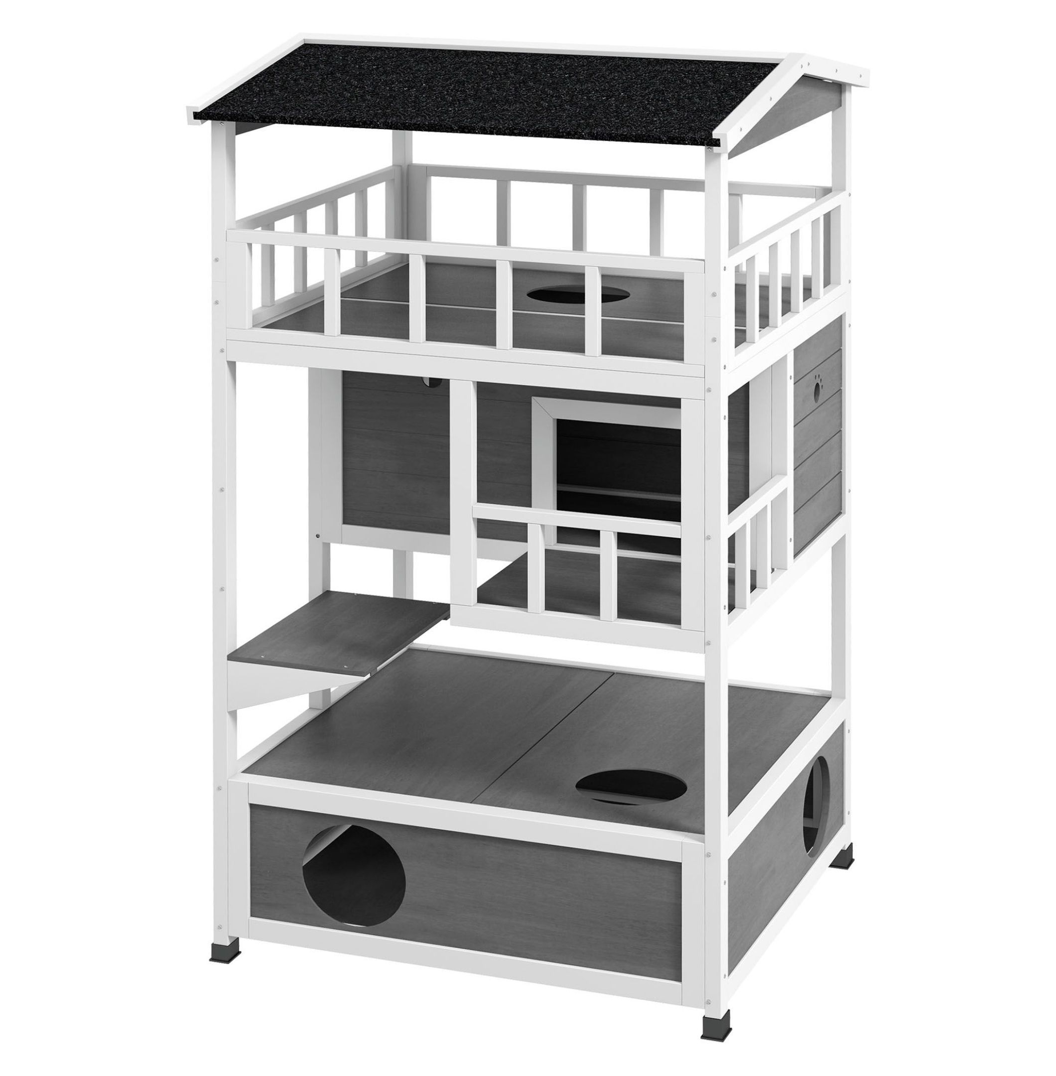 Outdoor Cat House Wooden Condo w/ Asphalt Roof - Escape Doors ...