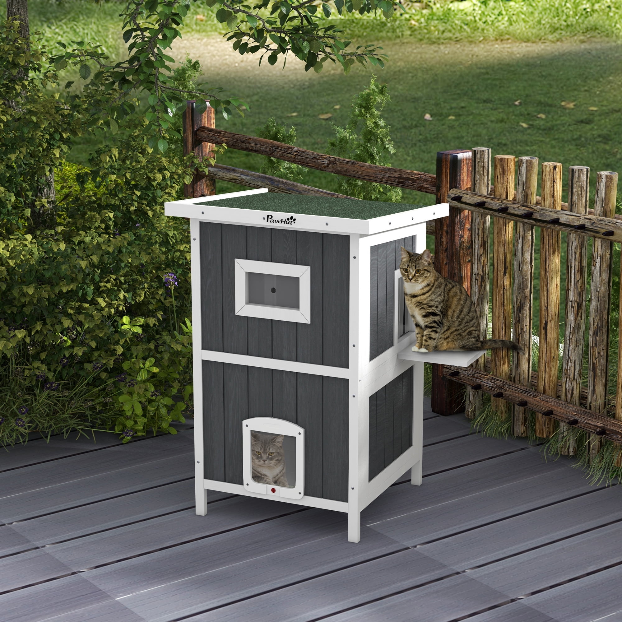 PawHut Outdoor Cat House, Wooden Feral Cat House 2 Tiers Cat Shelter ...