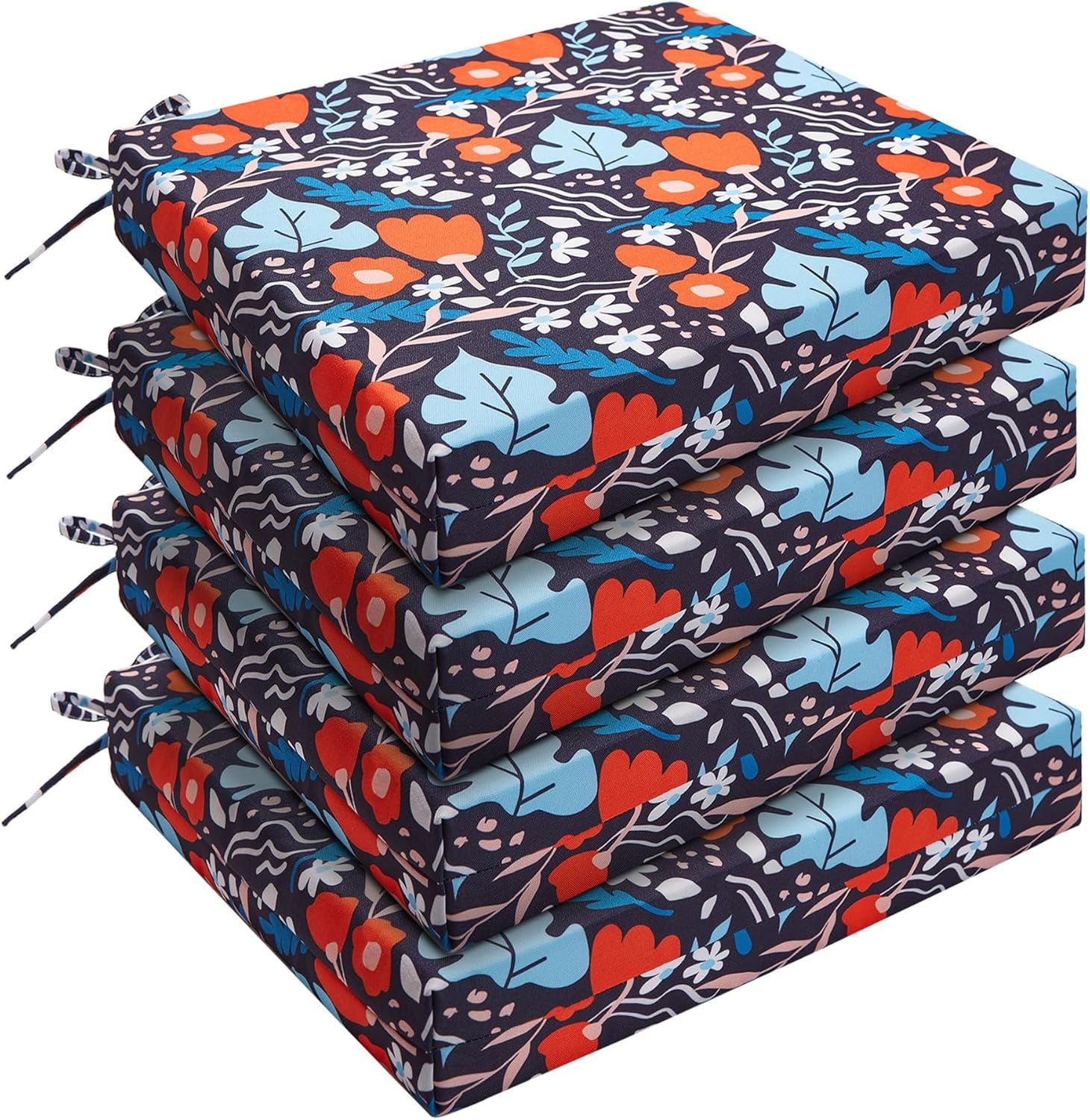 Outdoor Chair Cushions Pack of 4, Water Resistant Patio Cushions with Ties, High Density Sponge ...