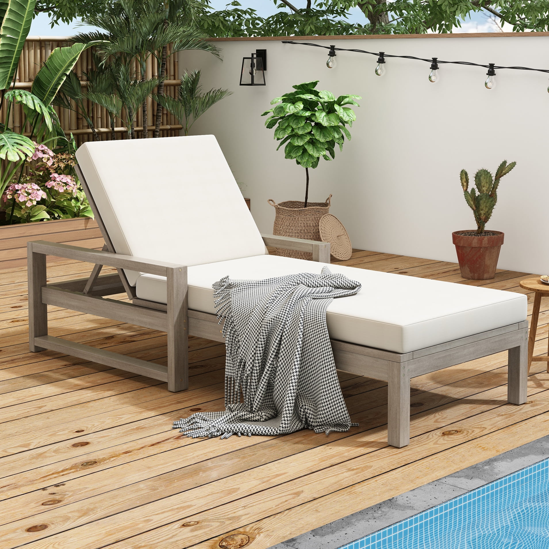 Outdoor Chaise Lounge Chair, A-cacia Wood Pool Chaise Lounge with 5 ...