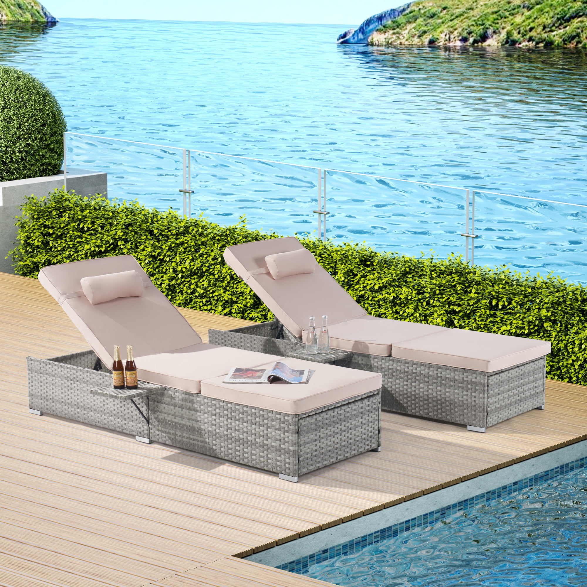 Outdoor Chaise Lounge Chair Set, 2pcs Rattan Outdoor Lounge Chairs for ...