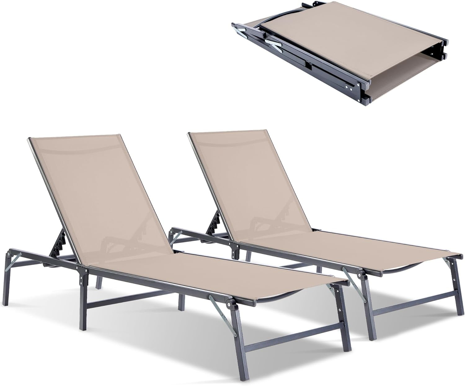 Outdoor Chaise Lounge Chair Set of 2, Foldable & Assemble-Free, 6 ...