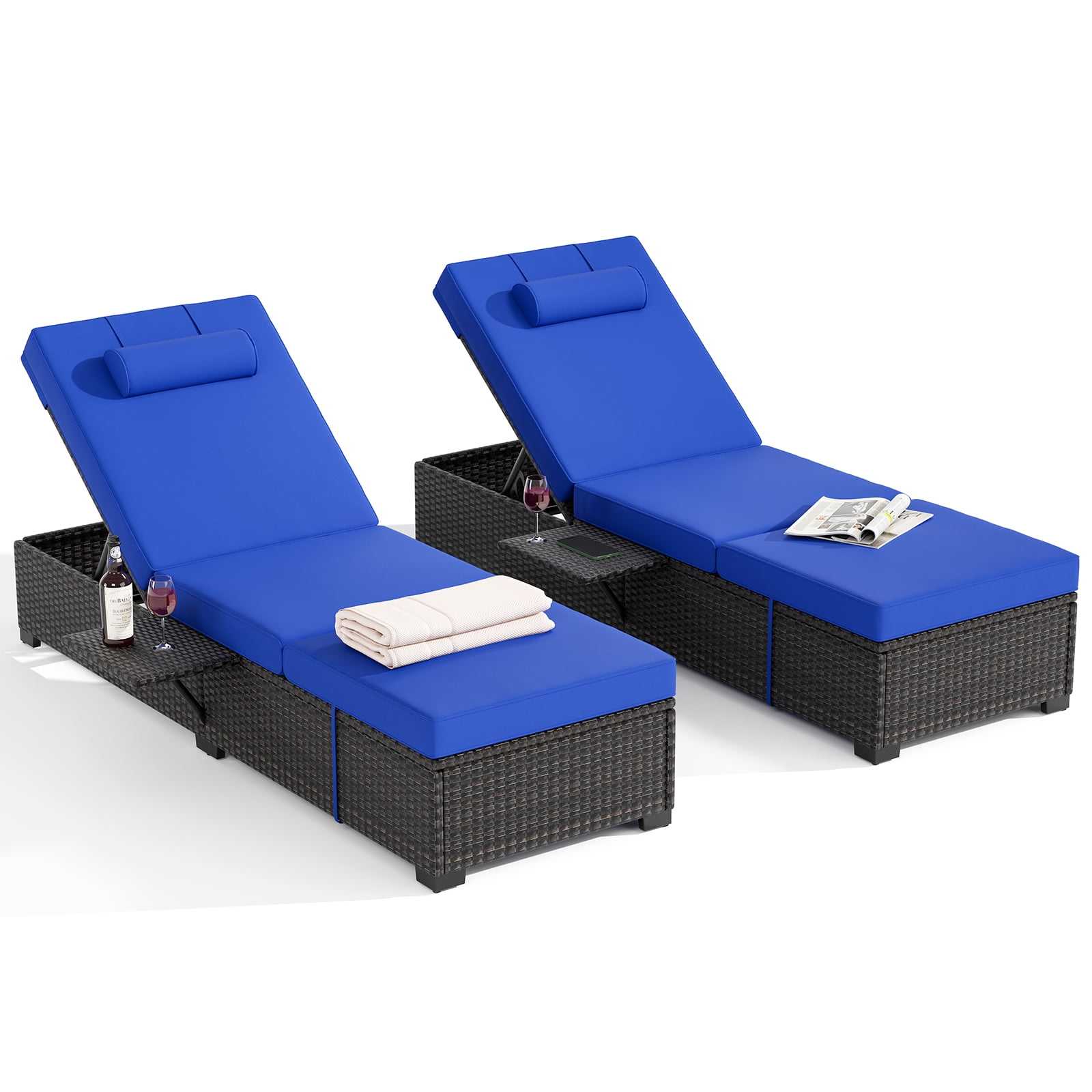 Outdoor Chaise Lounge Chair Set of 2, PE Wicker Recliners with ...