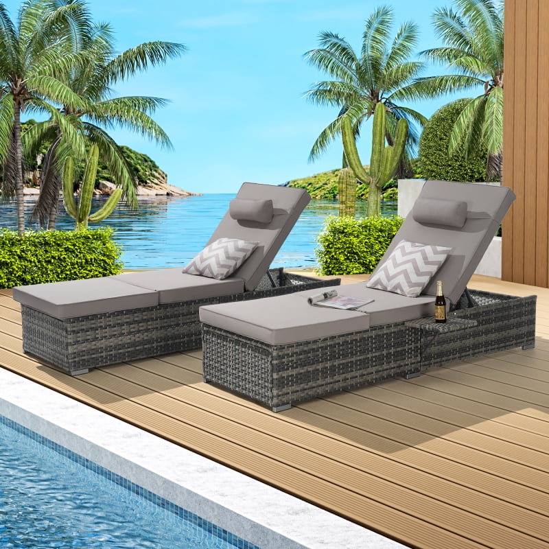 Outdoor Chaise Lounge Chair Set of 2 with Storage Patio Pool Chairs ...