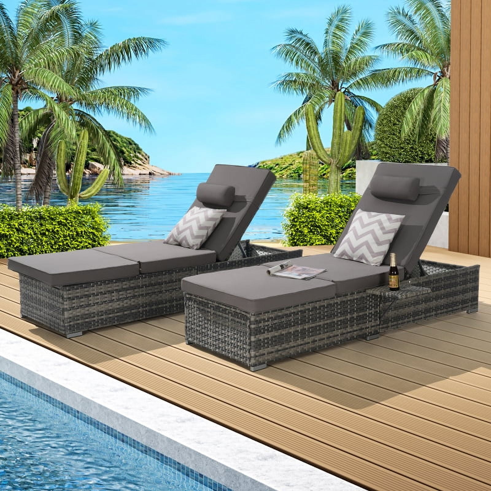 Outdoor Chaise Lounge Chair Set of 2 with Storage Patio Pool Chairs ...