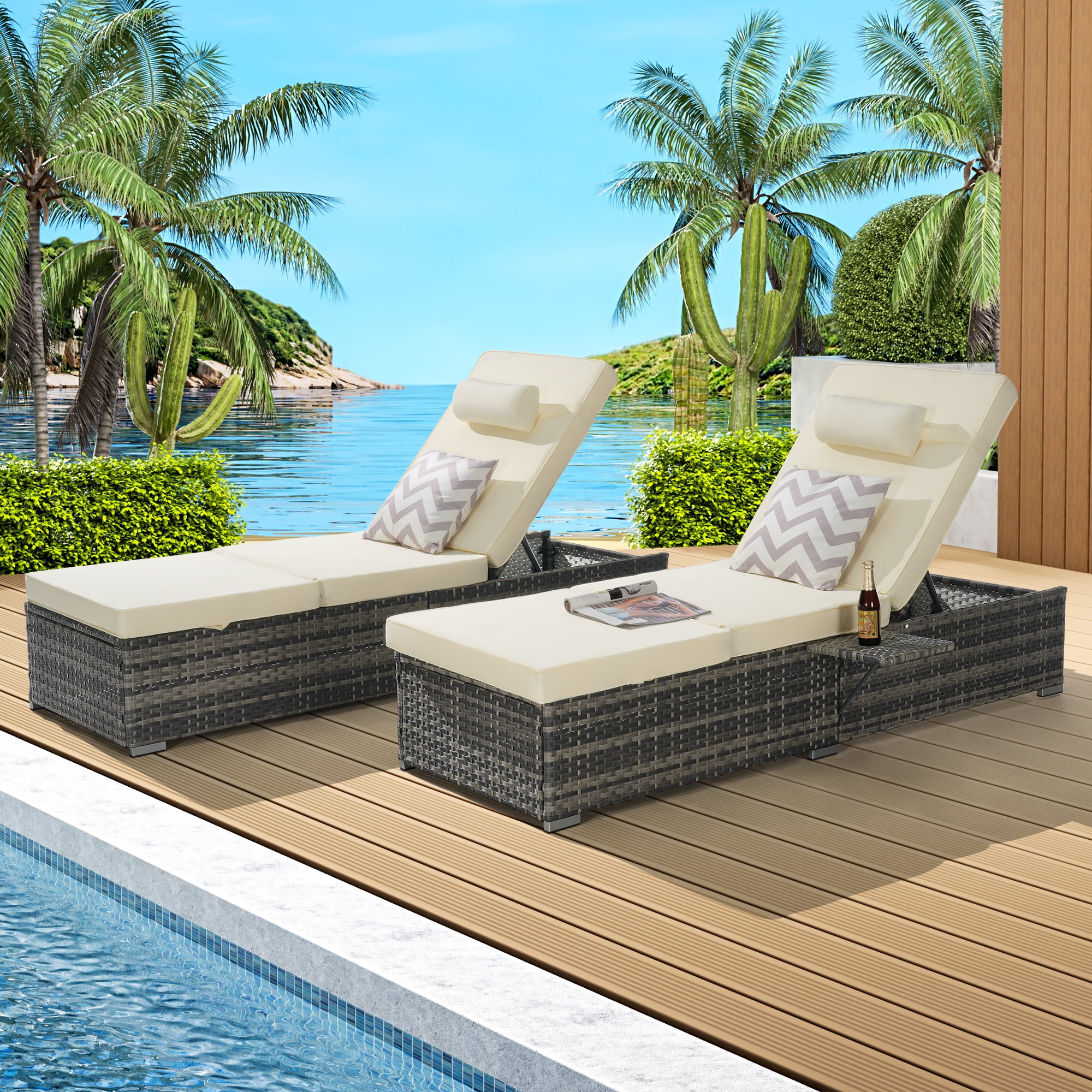 Outdoor Chaise Lounge Chair Set of 2 with Storage Patio Pool Chairs Tanning Lounges for Outside ...