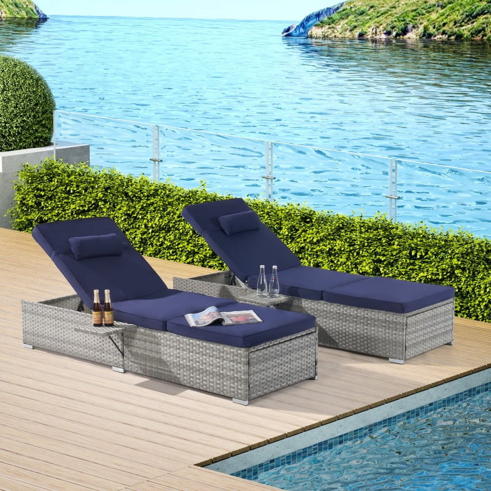 Outdoor Chaise Lounge Chair Set of 2 with Storage Patio Pool Chairs ...