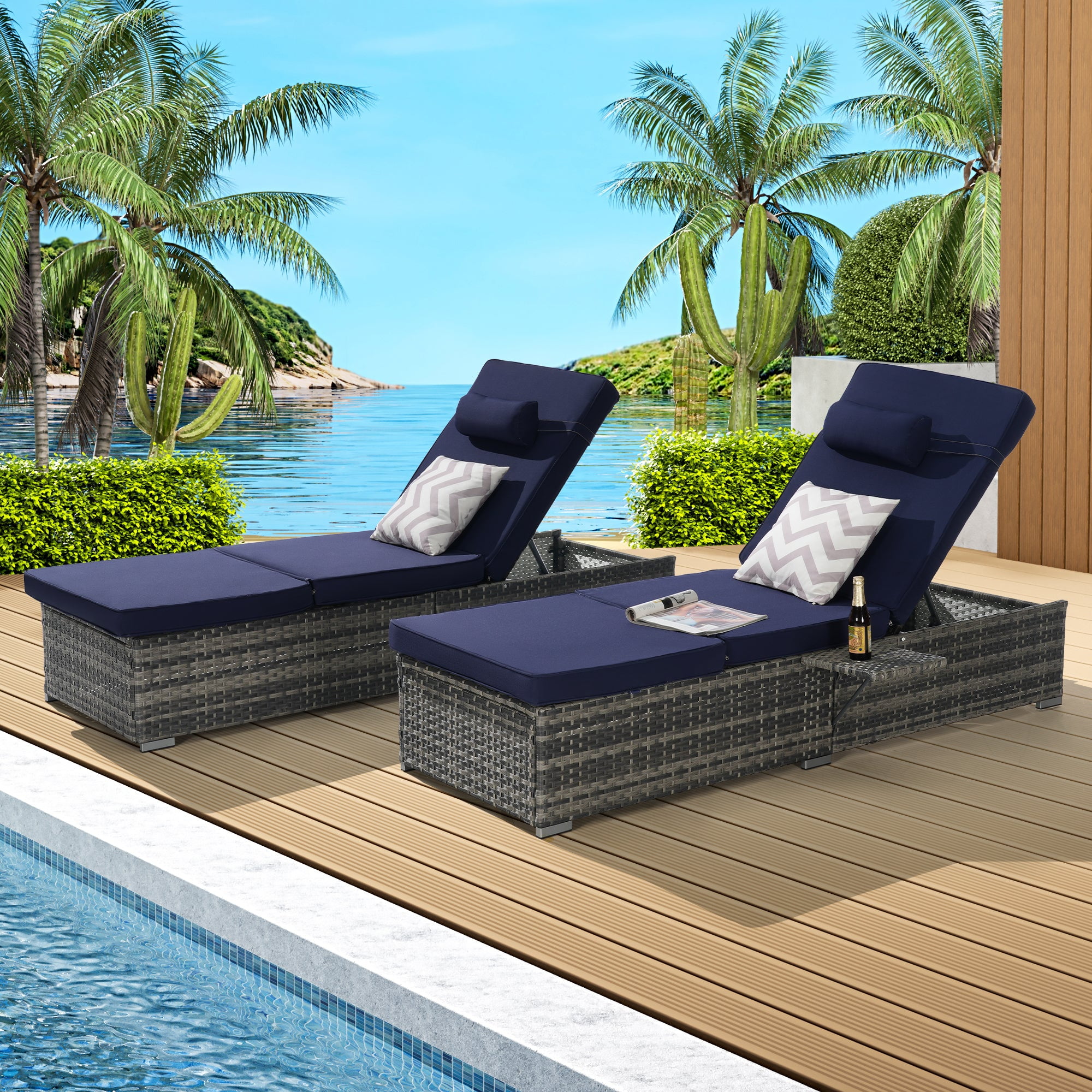 Vtng Furniture Outdoor Chaise Lounges - Set of 2 with Rattan Storage ...