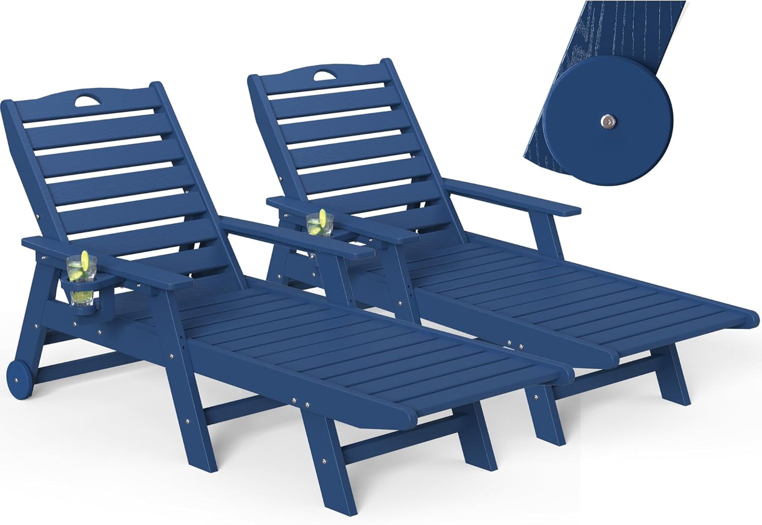 Outdoor Chaise Lounge Chair Set of 2 with Wheels & Cup Holder, HDPE ...