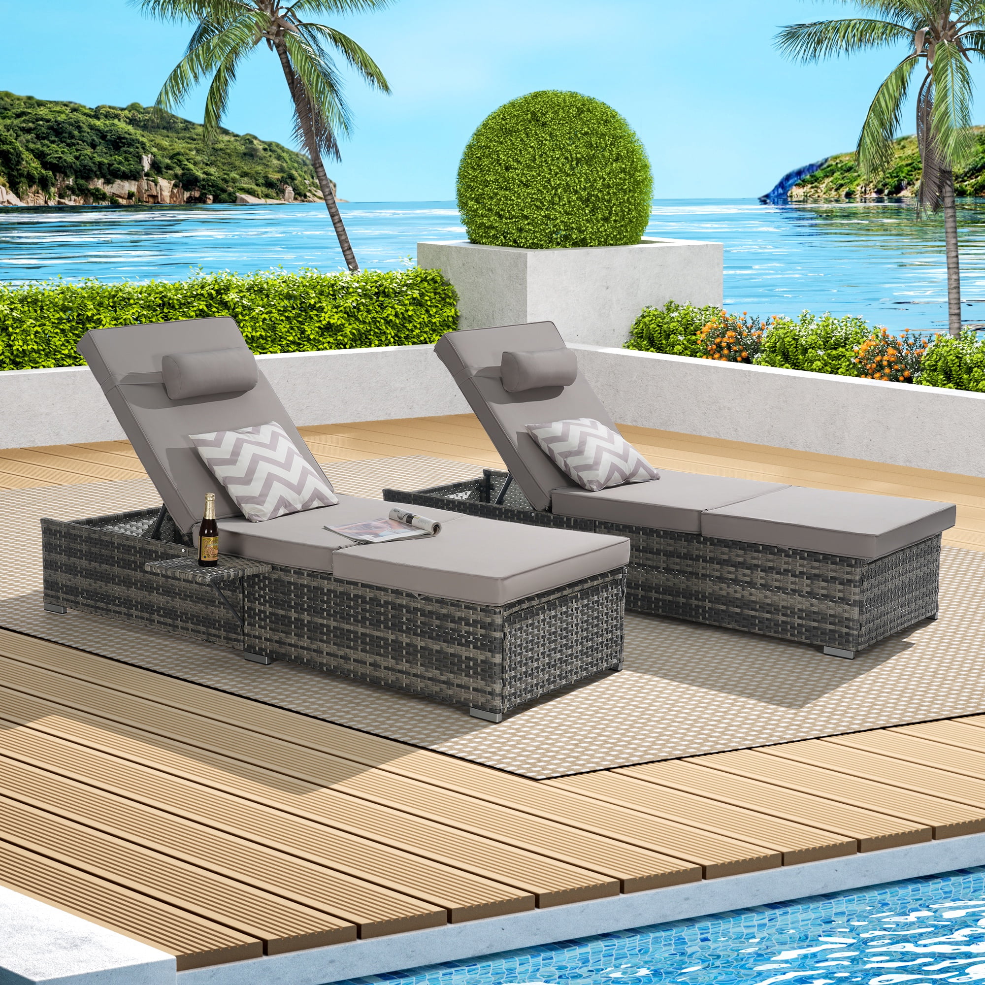 Outdoor Chaise Lounge Chairs with Cushion, Segmart Rattan Patio Furniture Set of 2 with Side ...