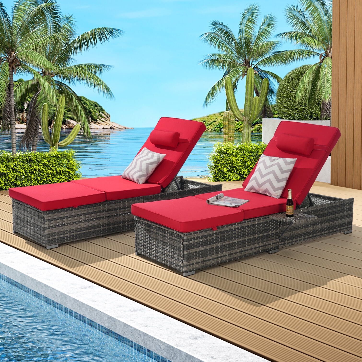 Outdoor Chaise Lounge Chairs Set of 2, Wicker Rattan Sun Loungers with ...