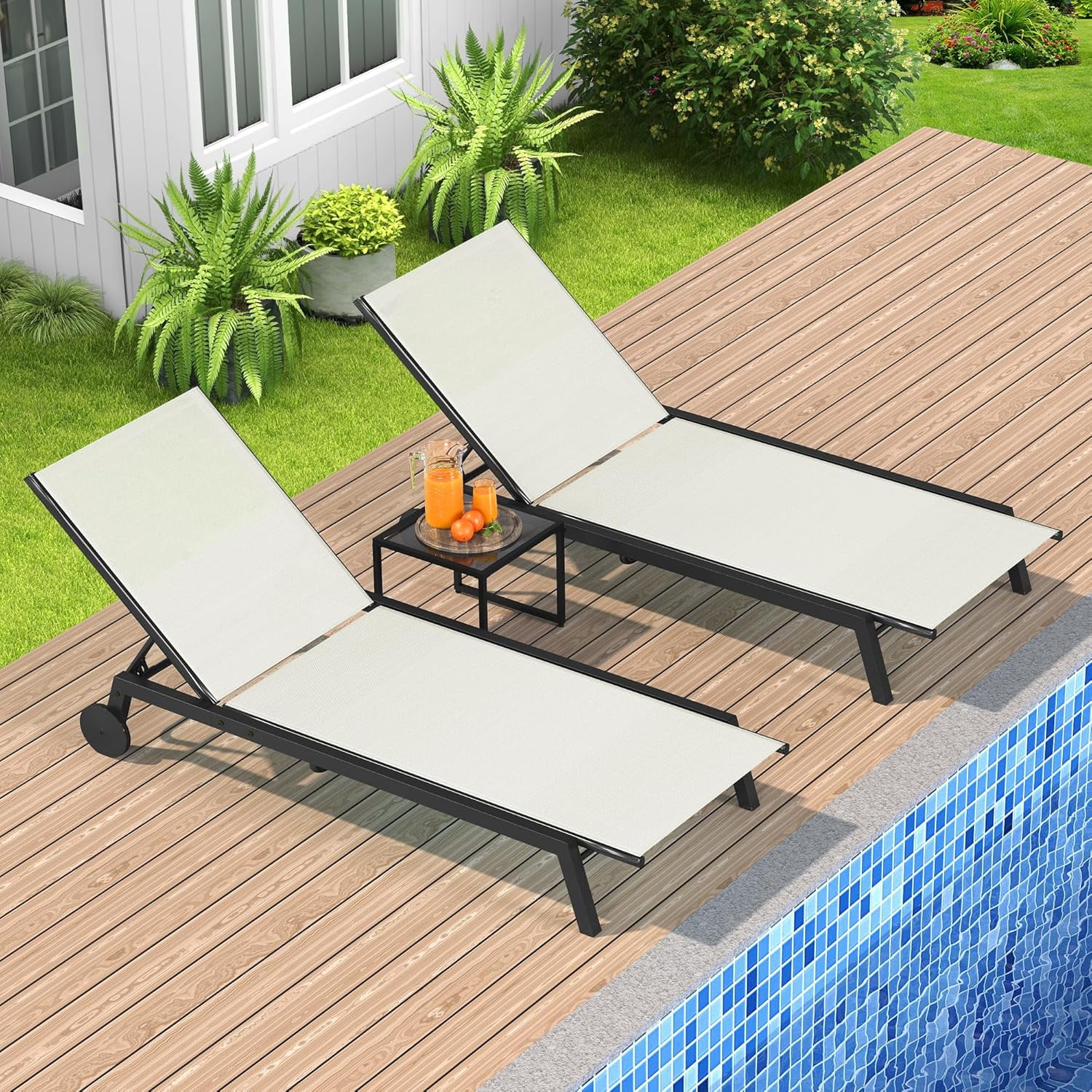 Outdoor Chaise Lounge Chairs Set of 3, Pool Loungers with Side Table, 5 ...