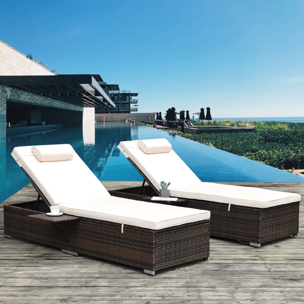 Outdoor Chaise Lounge Set of 2, PE Rattan Wicker Patio Lounge Chairs ...