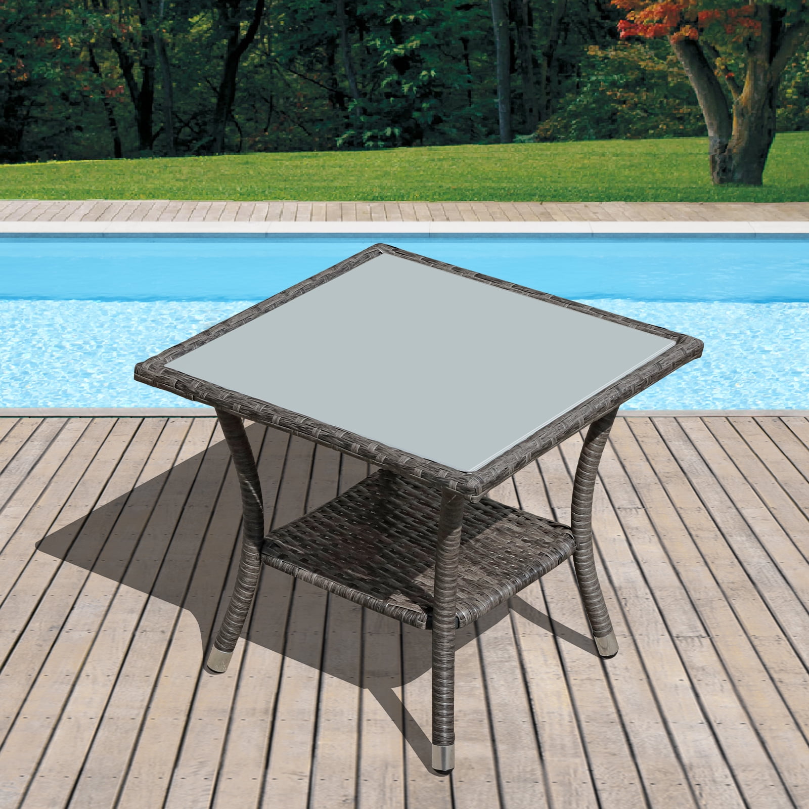 Outdoor Coffee Table, Patio Square Side Table with Tempered Glass Top ...