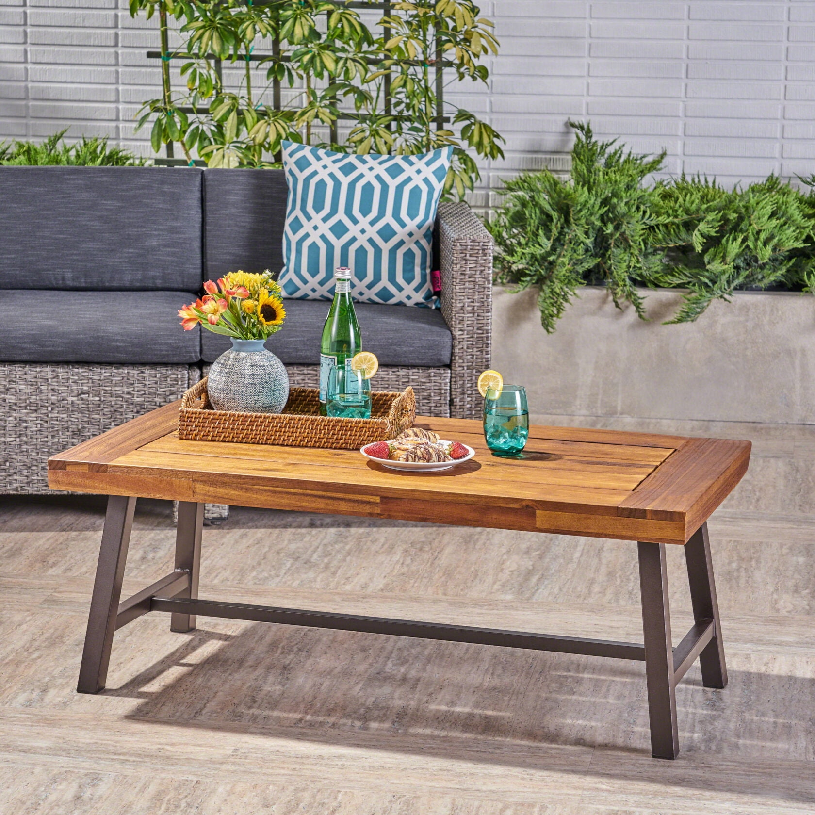 Outdoor Coffee Table Rectangle, Solid Wood Table with Slatted Tabletop ...