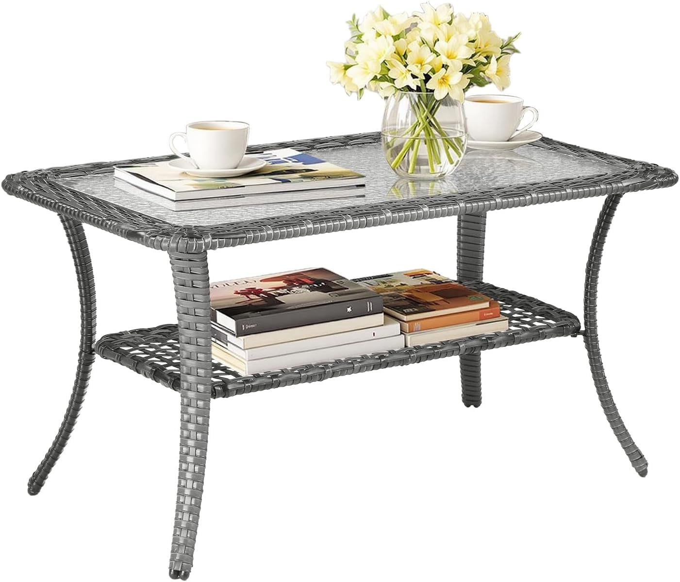 Outdoor Coffee Table with Storage Wicker Patio Coffee Table, Tempered ...