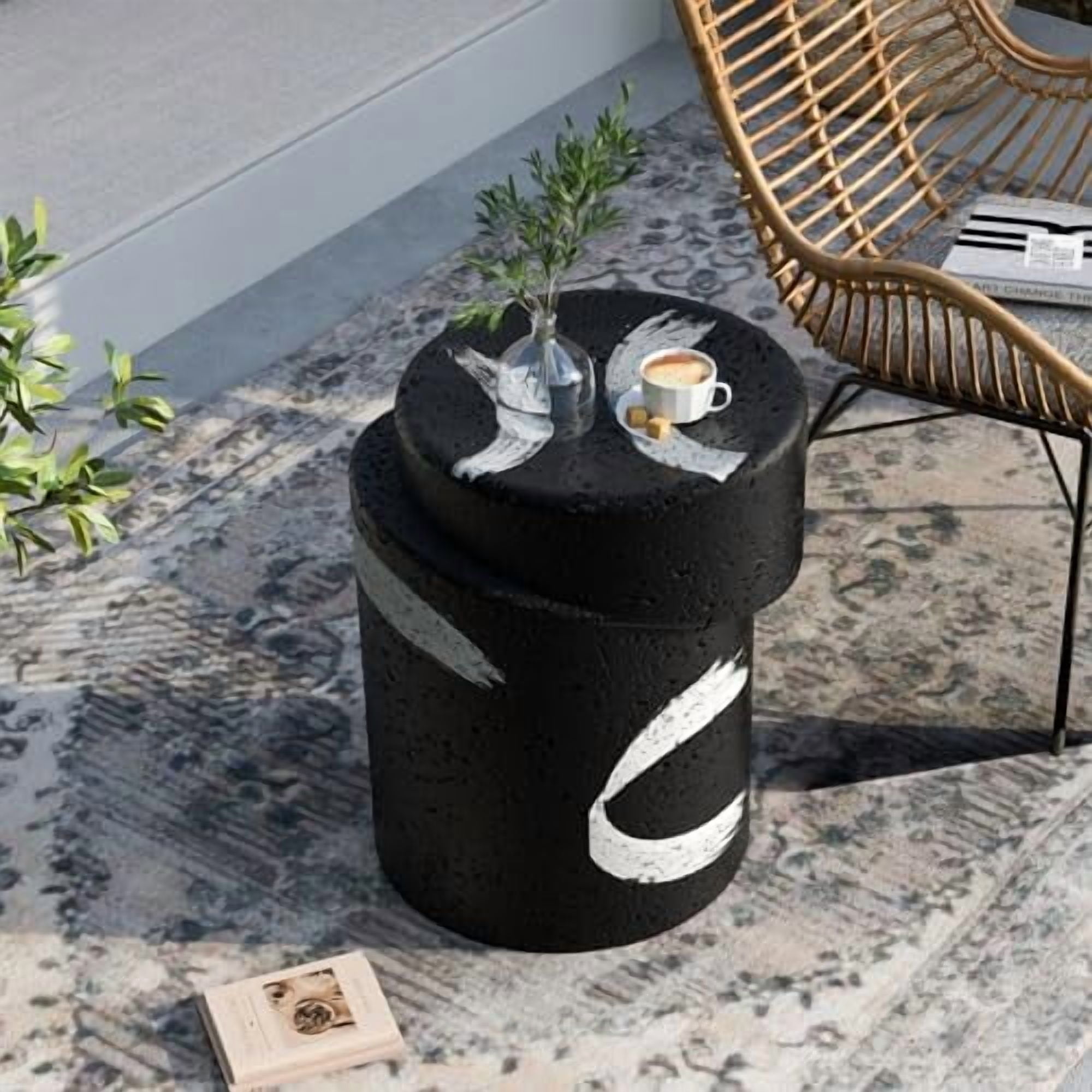 Outdoor Concrete Side Table w Graffiti, Black Outdoor Side Table for ...