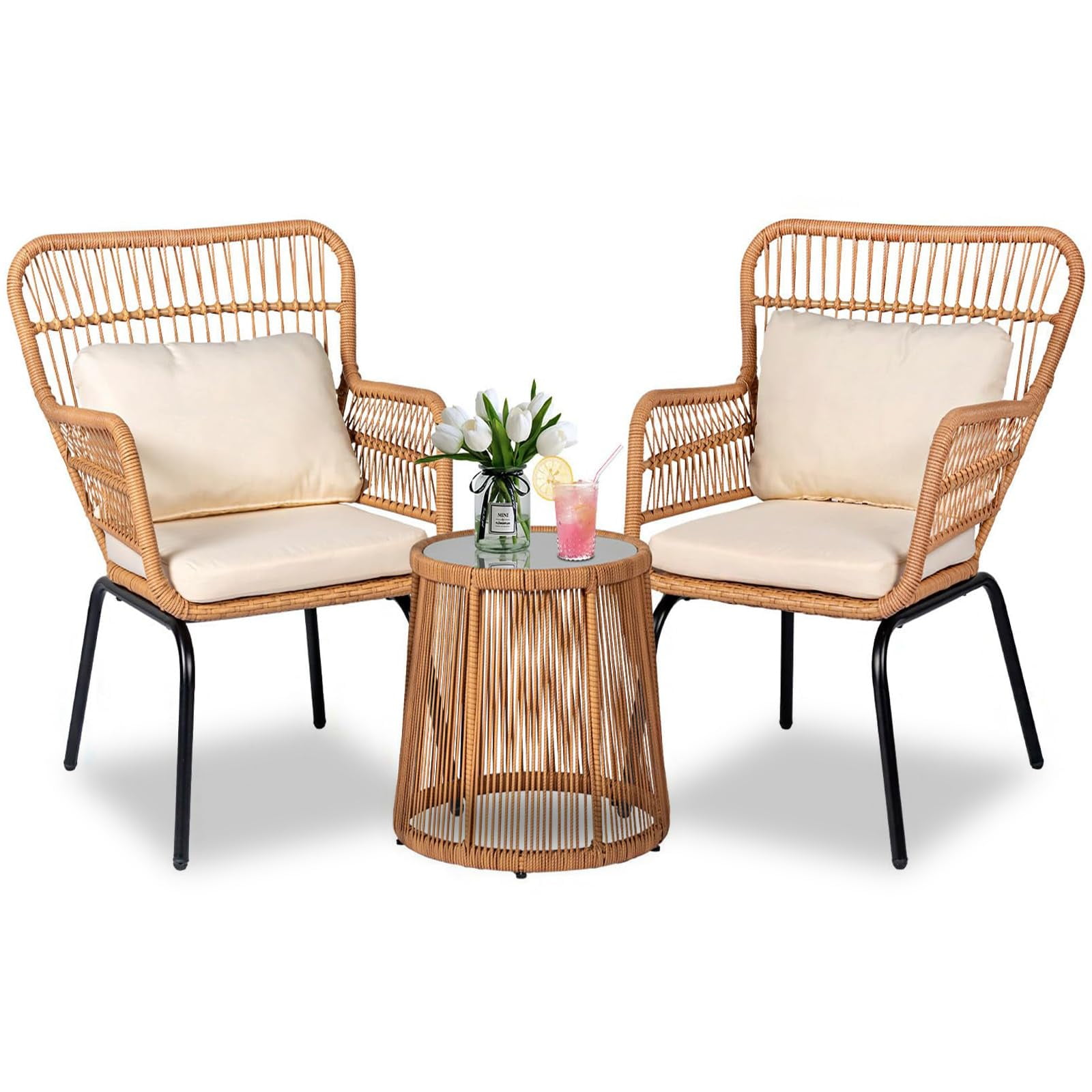 Outdoor Conversation Set 3 Pieces, Wicker Bistro Patio Furniture with ...