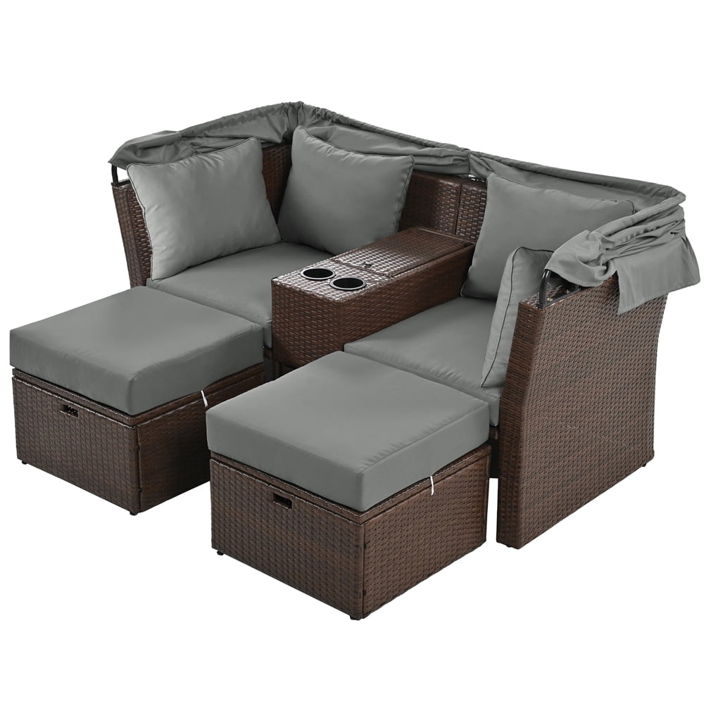 Outdoor Convertible Patio Daybed Sofa with Foldable Awning, All-Weather ...