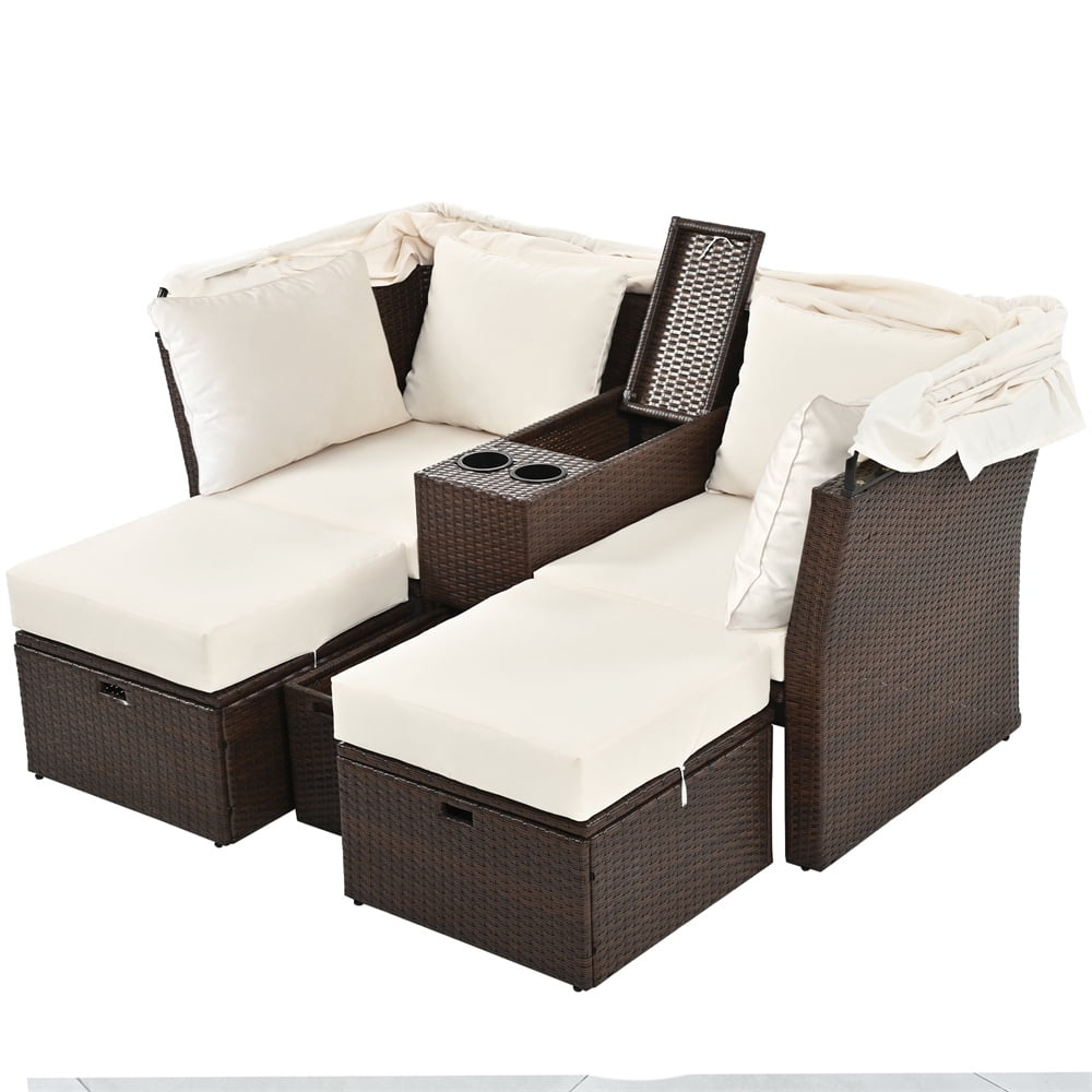 Outdoor Convertible Patio Daybed Sofa with Foldable Awning, All-Weather ...