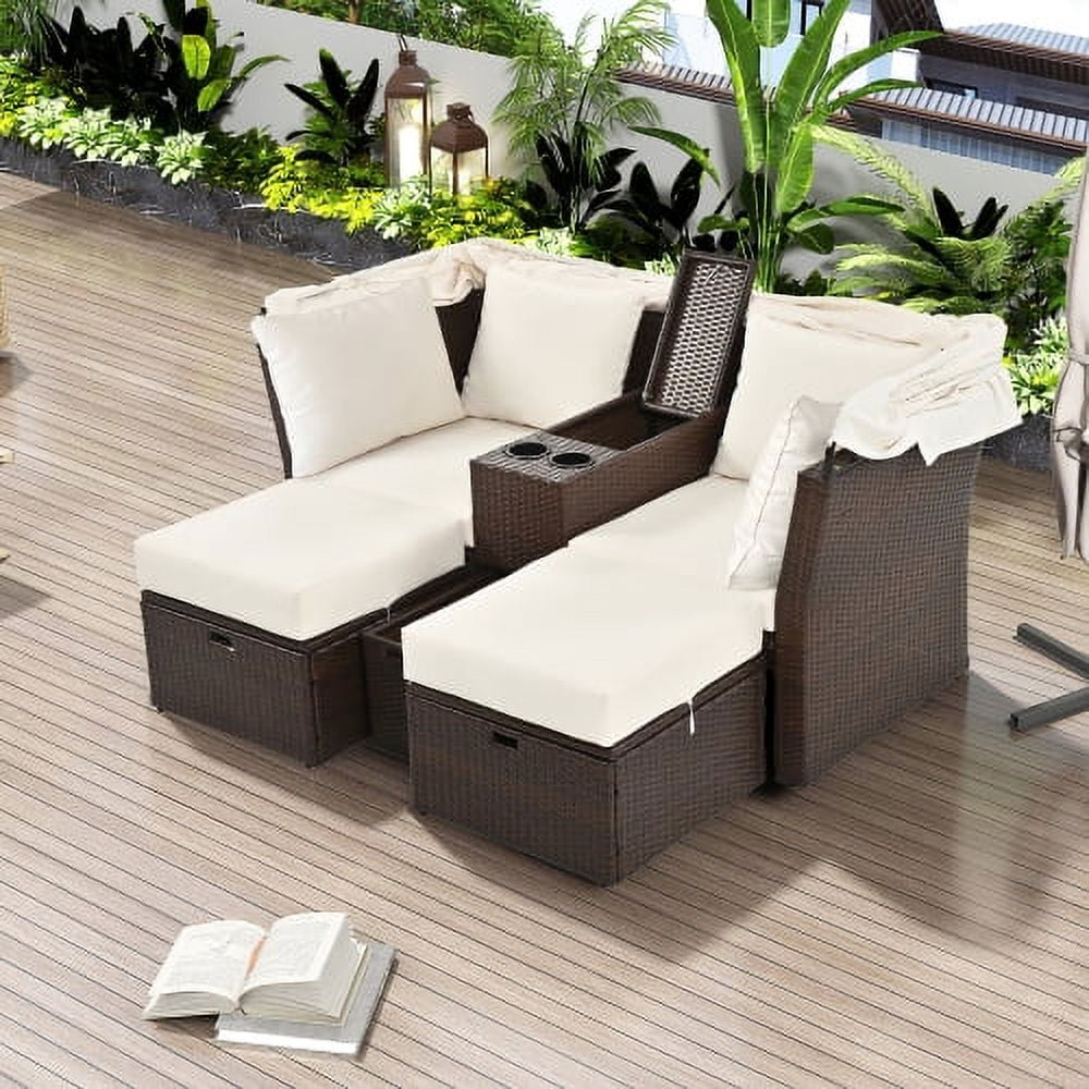 Outdoor Convertible Patio Daybed, Rattan Double with Awning & Cup ...