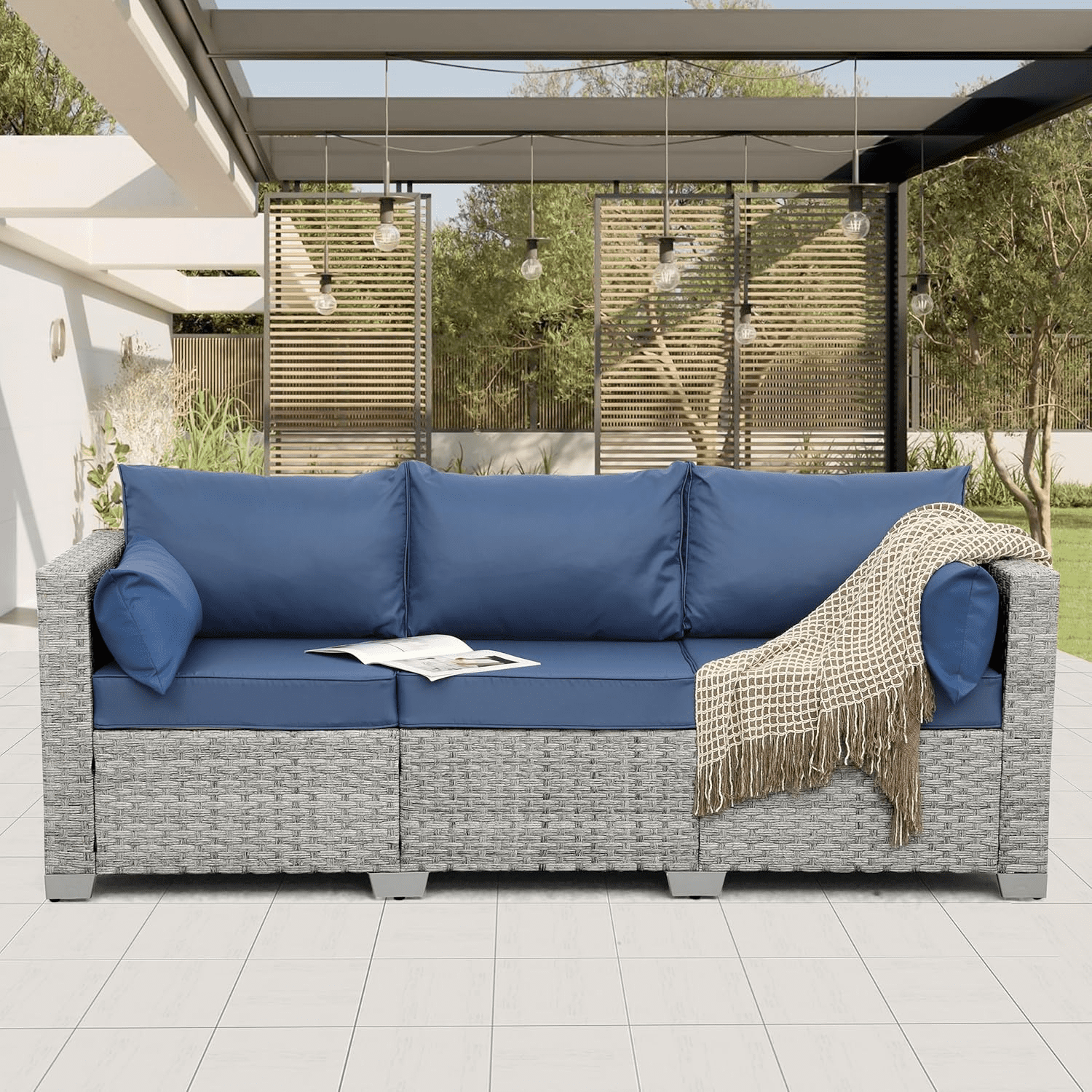 Outdoor Couch 3 Seater Wicker Sofa Grey Deep Seat Balcony Porch with ...