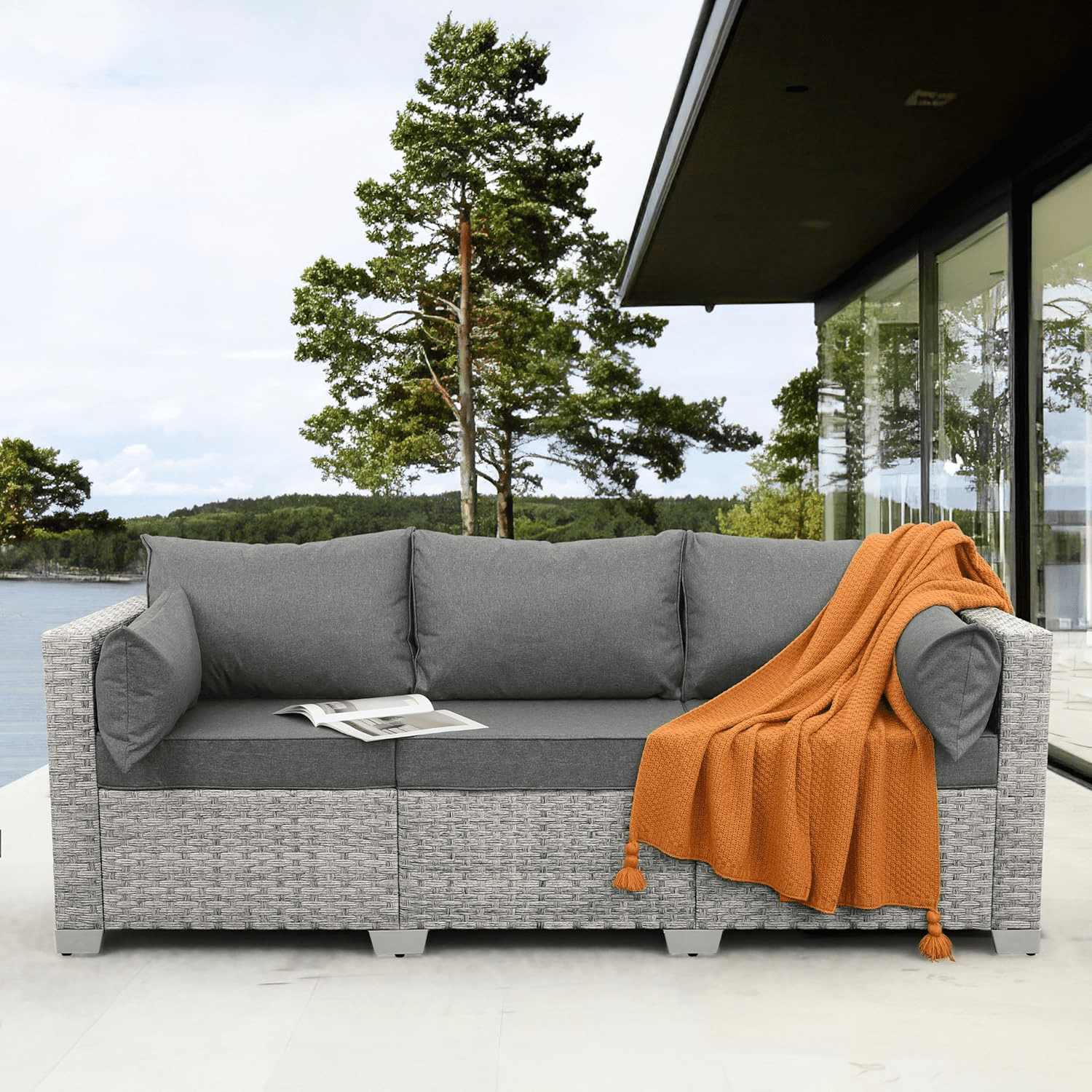 Outdoor Couch 3 Seater Wicker Sofa Grey Deep Seat Balcony Porch with ...
