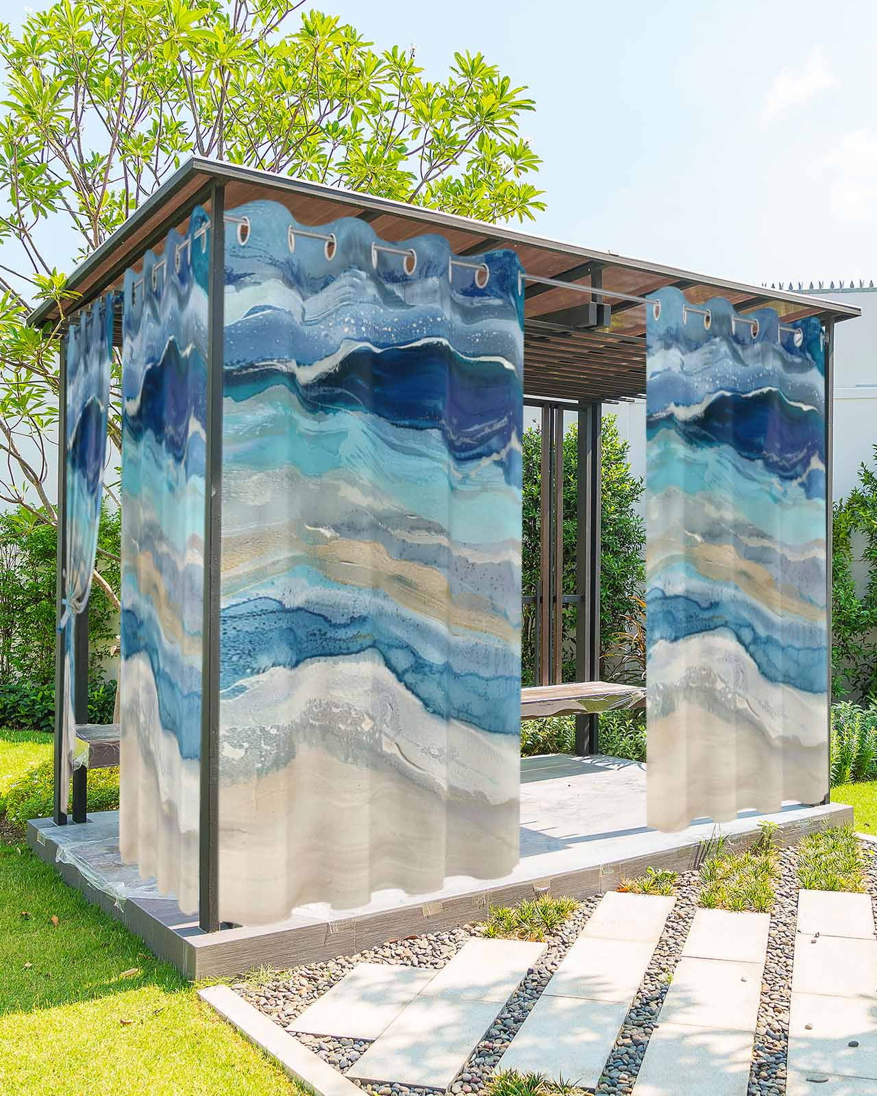 Outdoor Curtains for Patio Abstract Blue Gradient Beach Ocean Wave ...