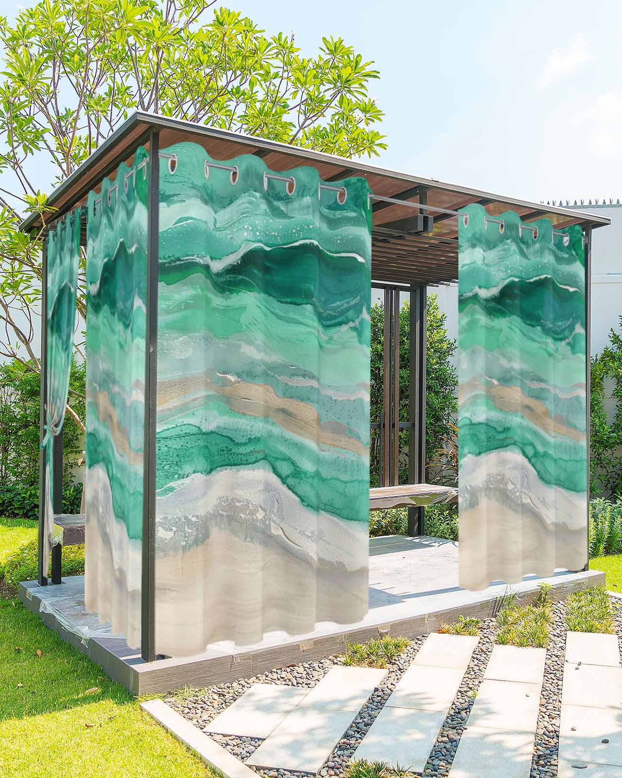 Outdoor Curtains for Patio Abstract Green Gradient Beach Ocean Wave ...