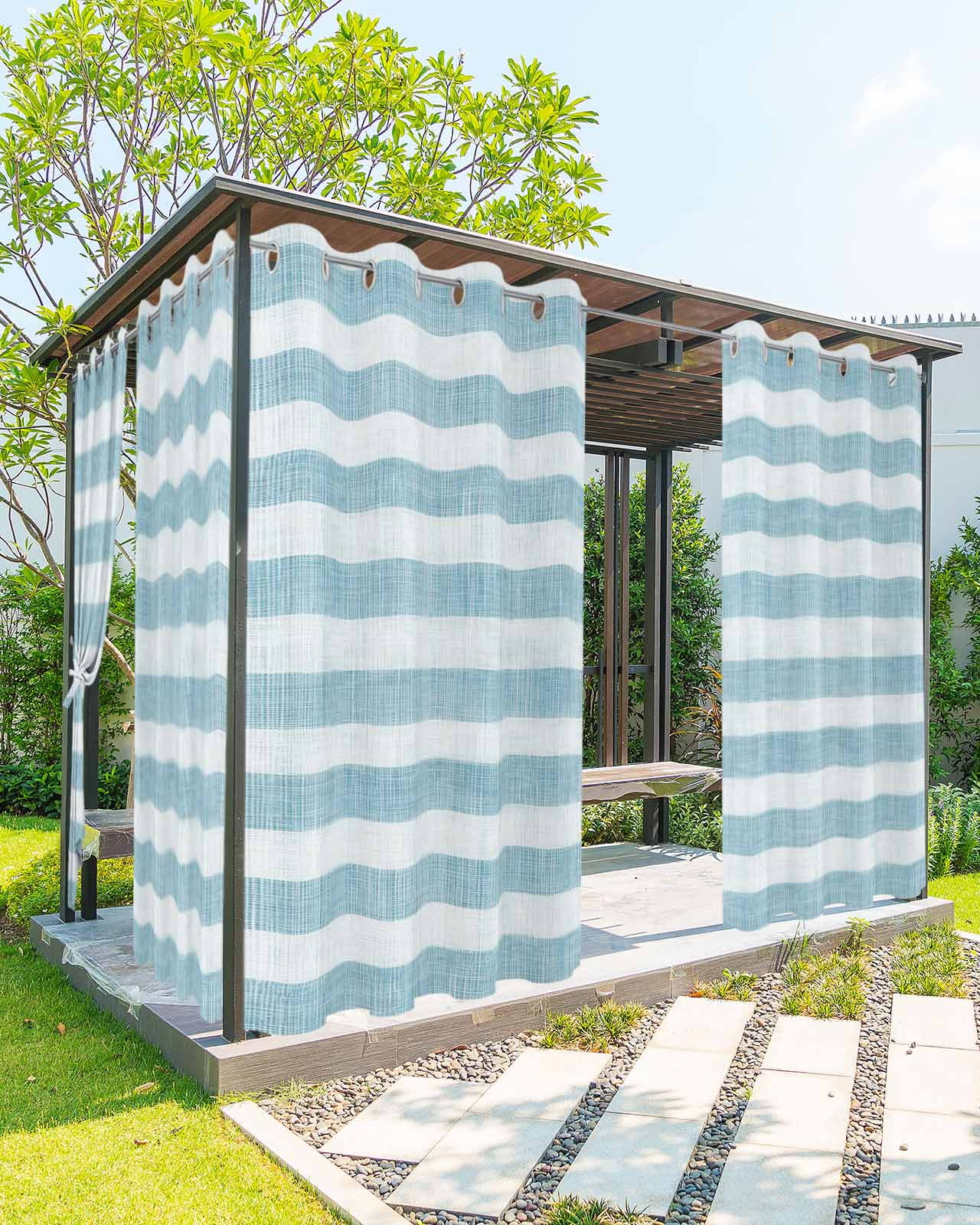 Outdoor Curtains for Patio, Aqua Blue Stripes Waterproof Blackout ...
