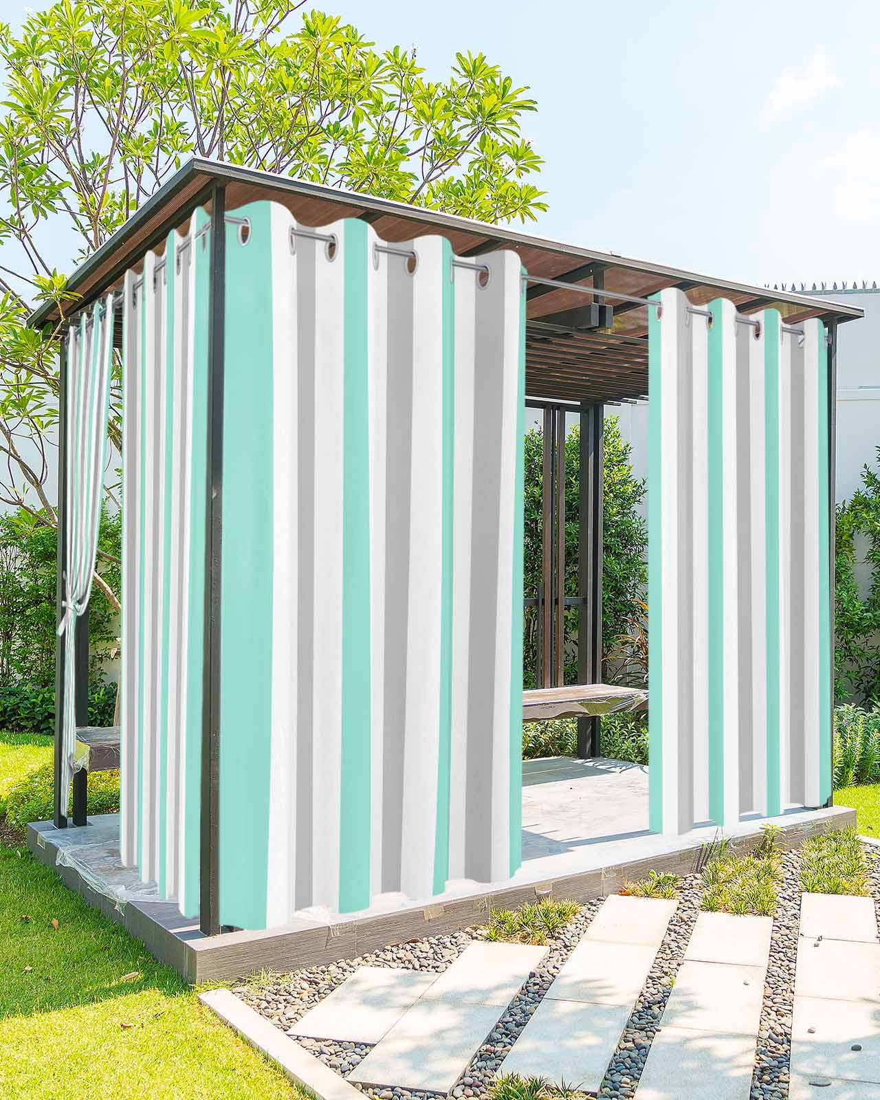 Outdoor Curtains for Patio, Aqua Stripe Waterproof Blackout Outside ...