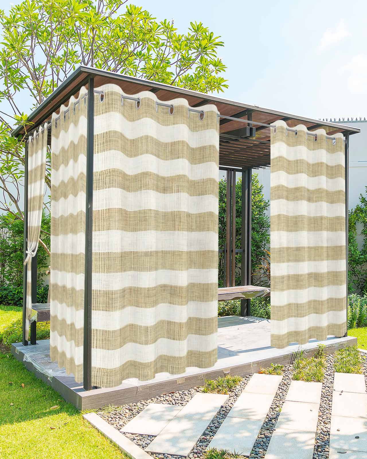 Outdoor Curtains for Patio, Brown Striped Waterproof Blackout Outside ...
