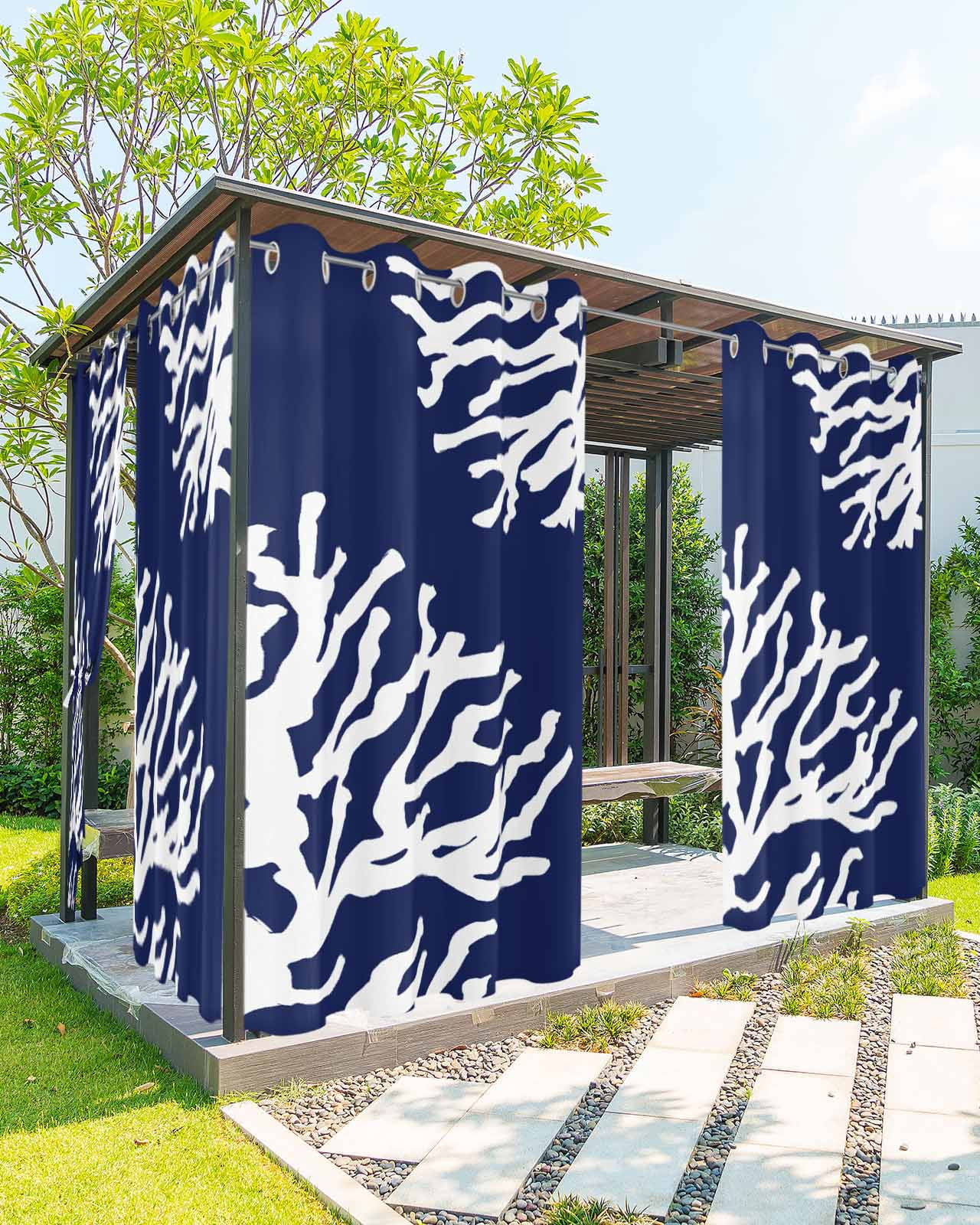 Outdoor Curtains for Patio, Coral Navy Blue Waterproof Blackout Outside ...