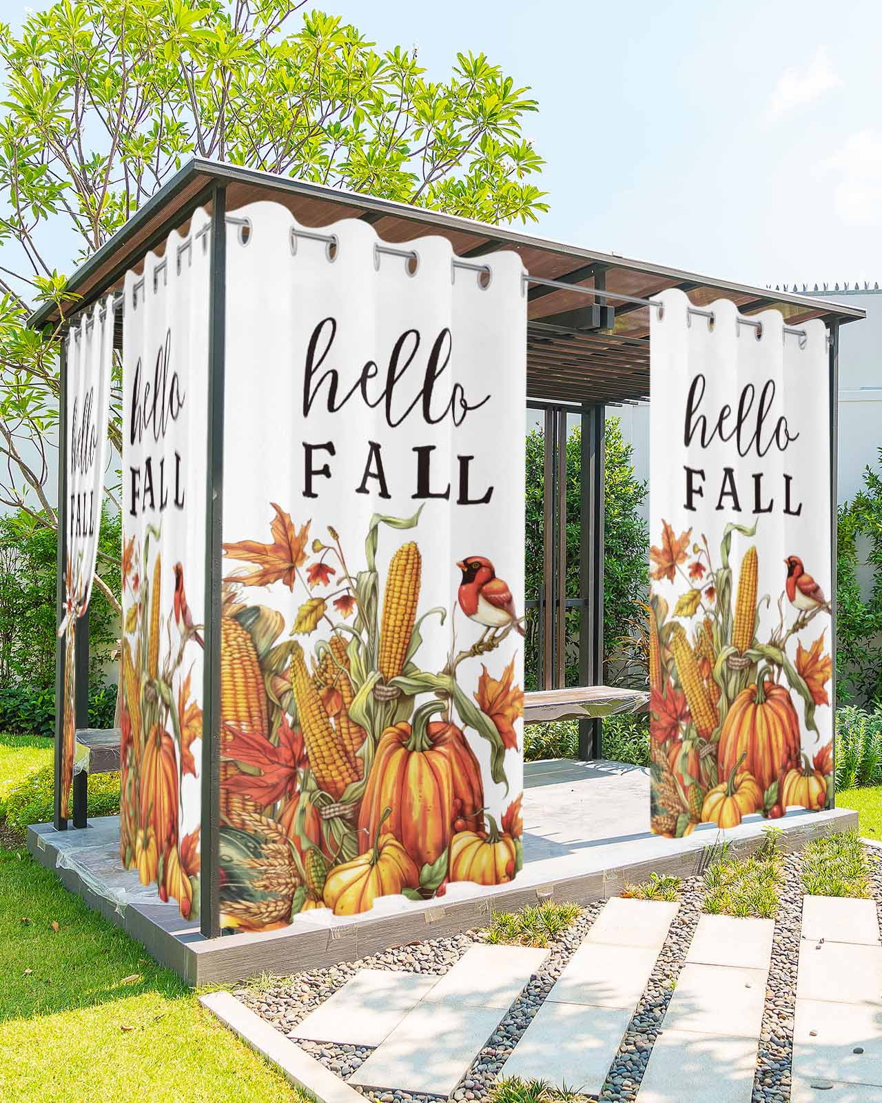Outdoor Curtains for Patio Fall Pumpkin Harvest Corn Robin Leaves ...