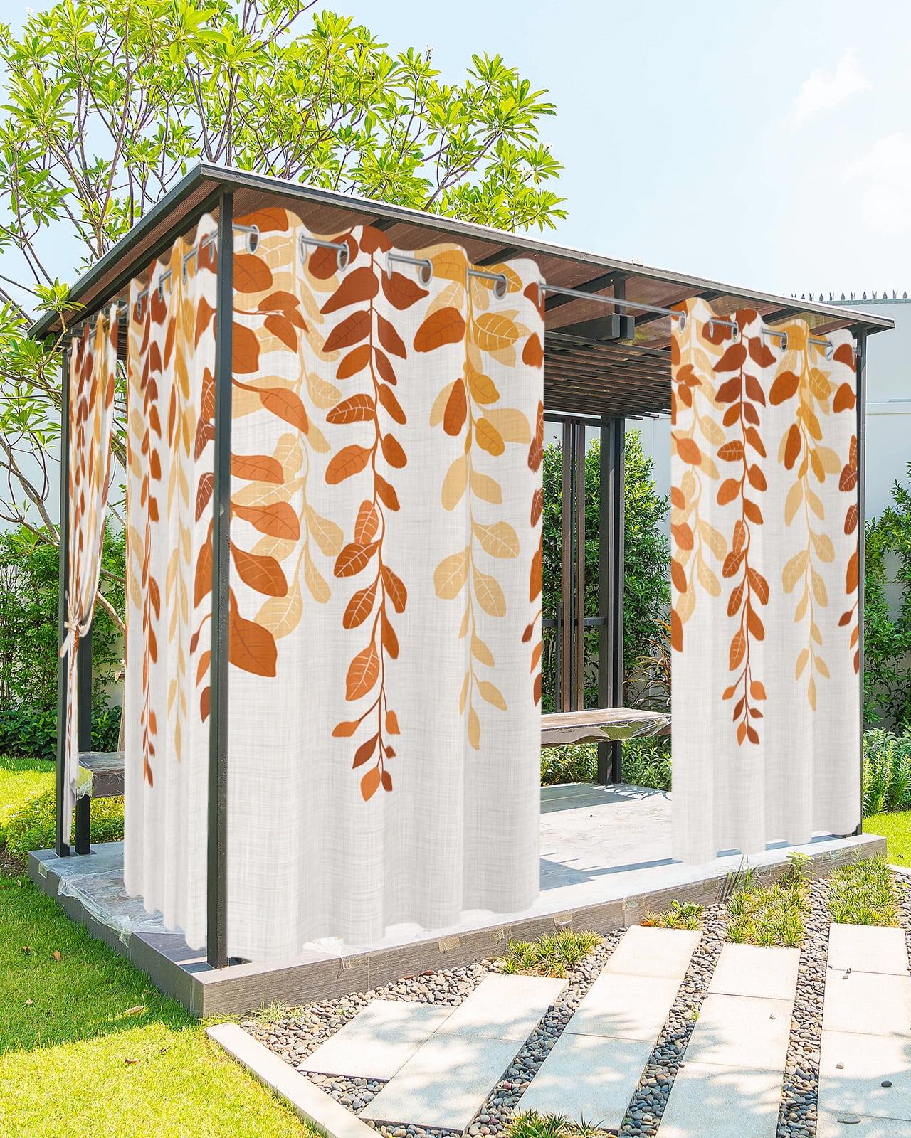 Outdoor Curtains for Patio, Orange Ombre Botanical Waterproof Blackout ...