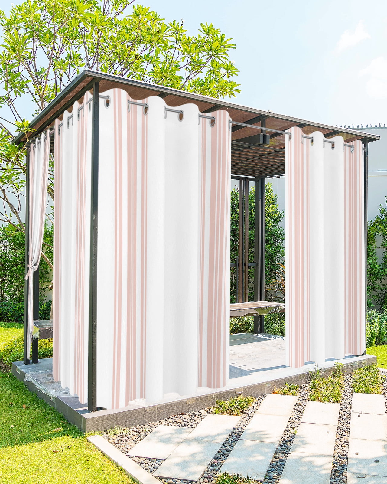 Outdoor Curtains for Patio, Pink Striped Waterproof Blackout Outside ...