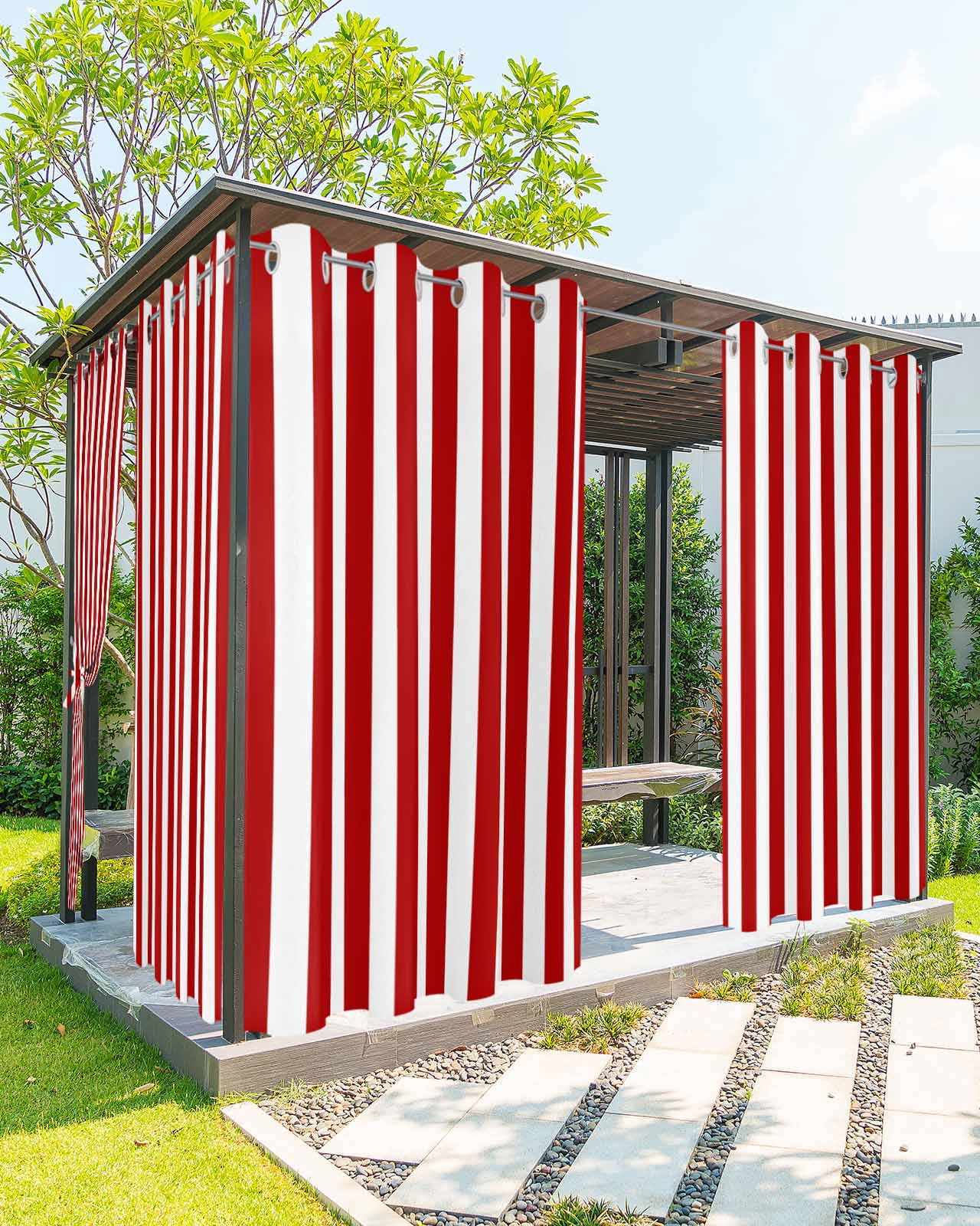 Outdoor Curtains for Patio Red and White Striped Geometric Waterproof ...