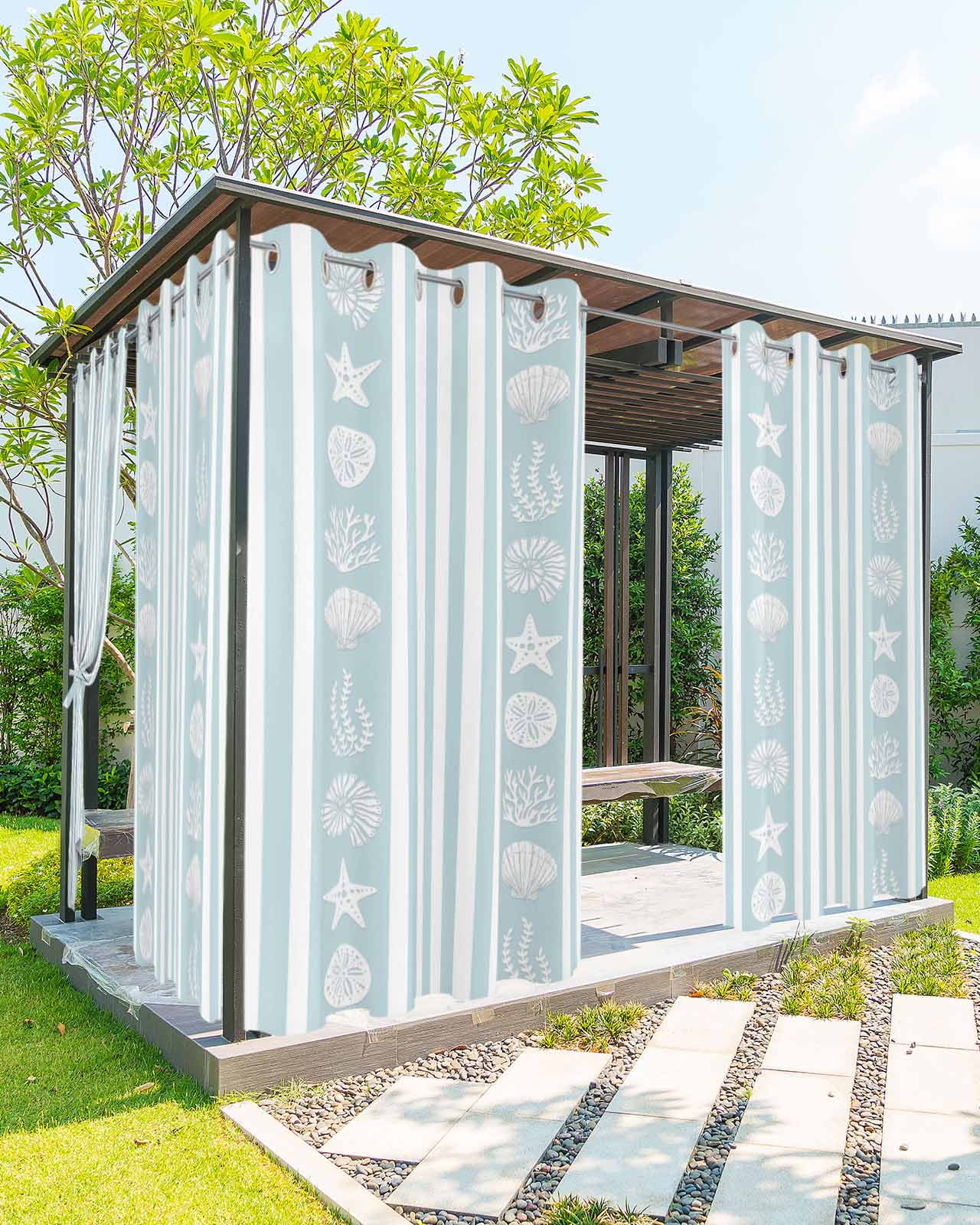 Outdoor Curtains for Patio, Sky Blue Striped Coastal Waterproof ...