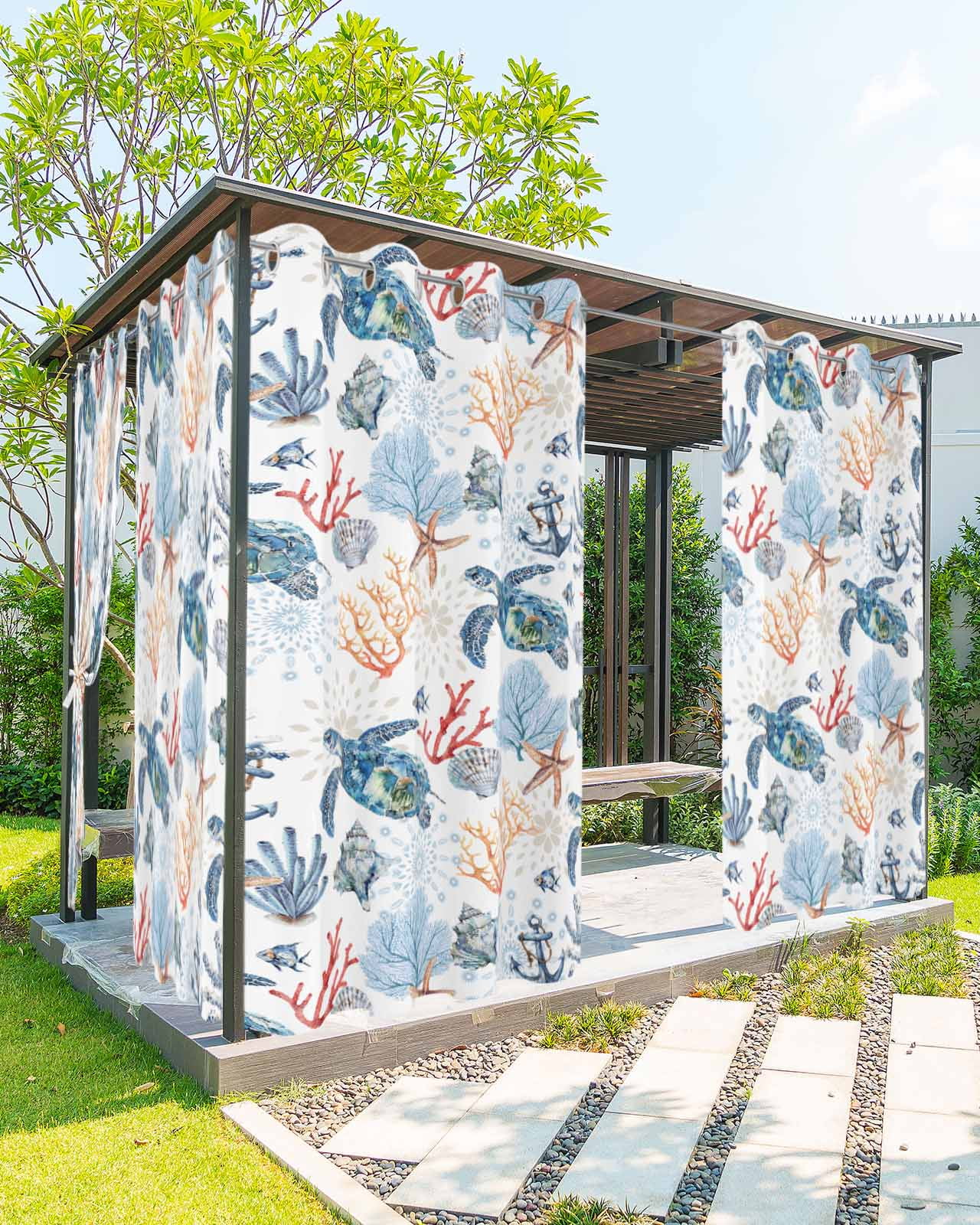 Outdoor Curtains for Patio Summer Ocean Sea Coral Shell Starfish Conch ...