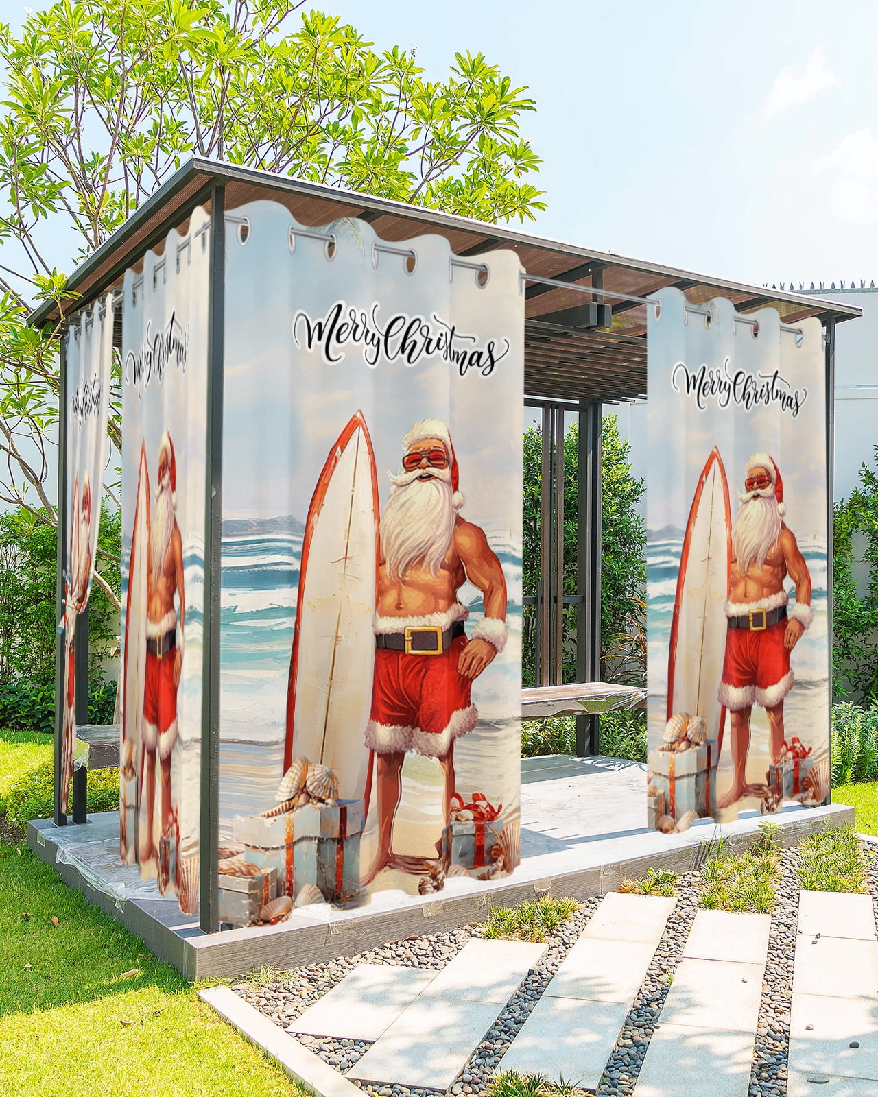 Outdoor Curtains for Patio, Surfboard Santa Christmas Waterproof ...