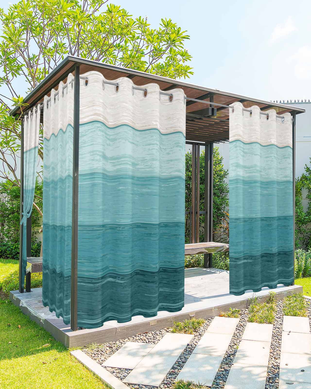 Outdoor Curtains for Patio Teal Blue Striped Gradient Rustic Wood Board ...