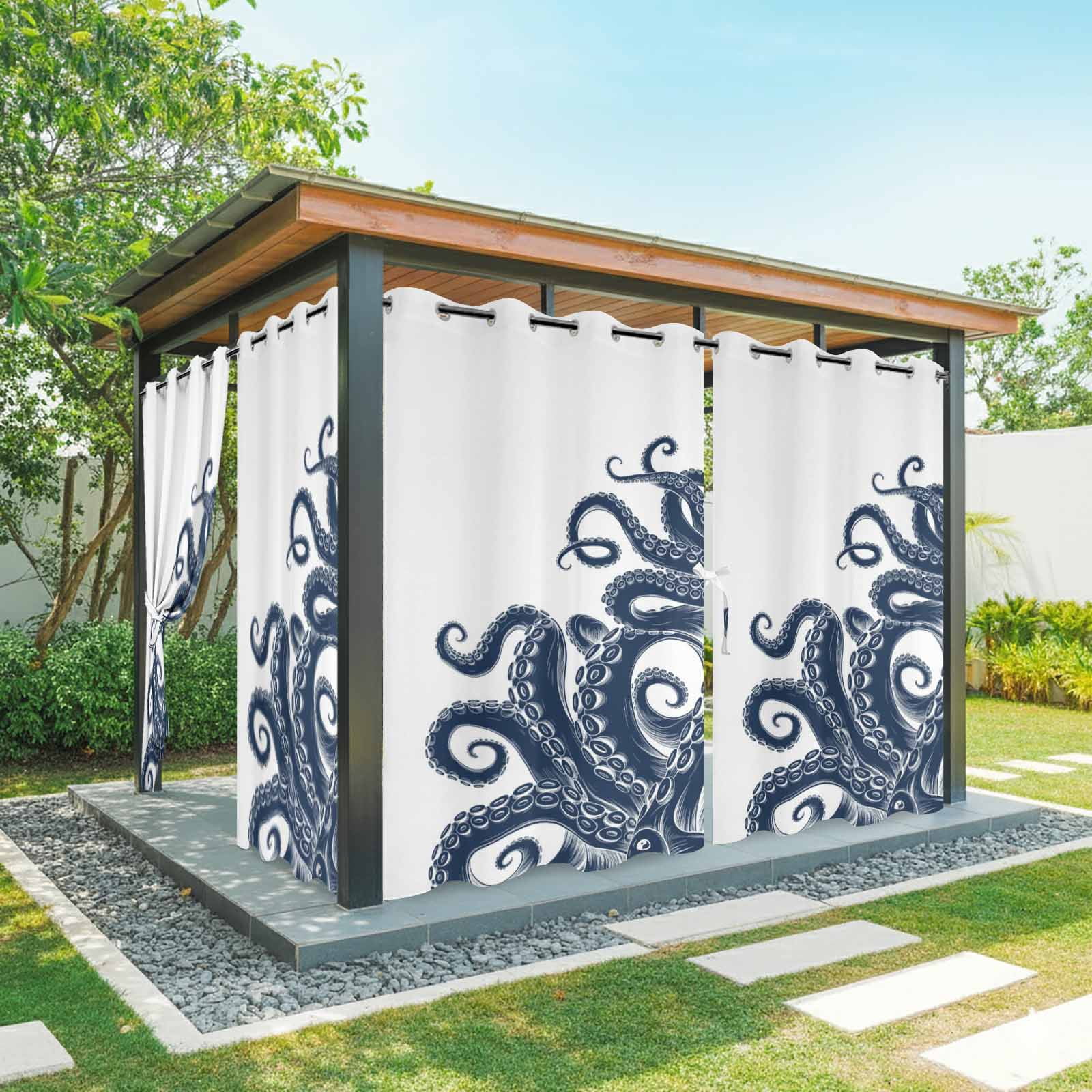 Outdoor Curtains for Patio Waterproof, Navy Blue Octopus Outdoor ...