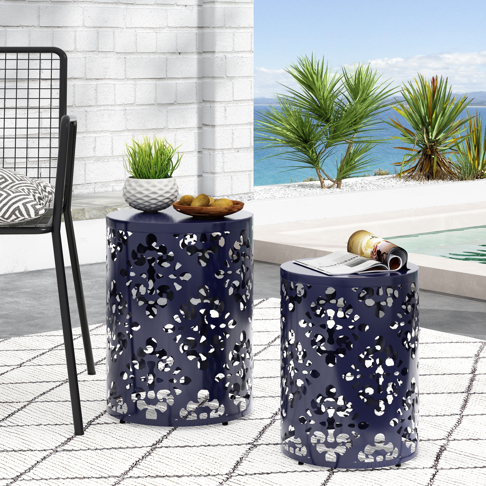 Outdoor Cylindrical Side Table Set of 2, Heavy Duty Metal End Table ...
