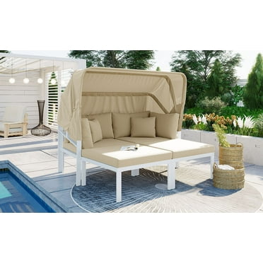 Outdoor Patio Daybed with Retractable Canopy, Sunbed Patio Bed Lounger ...