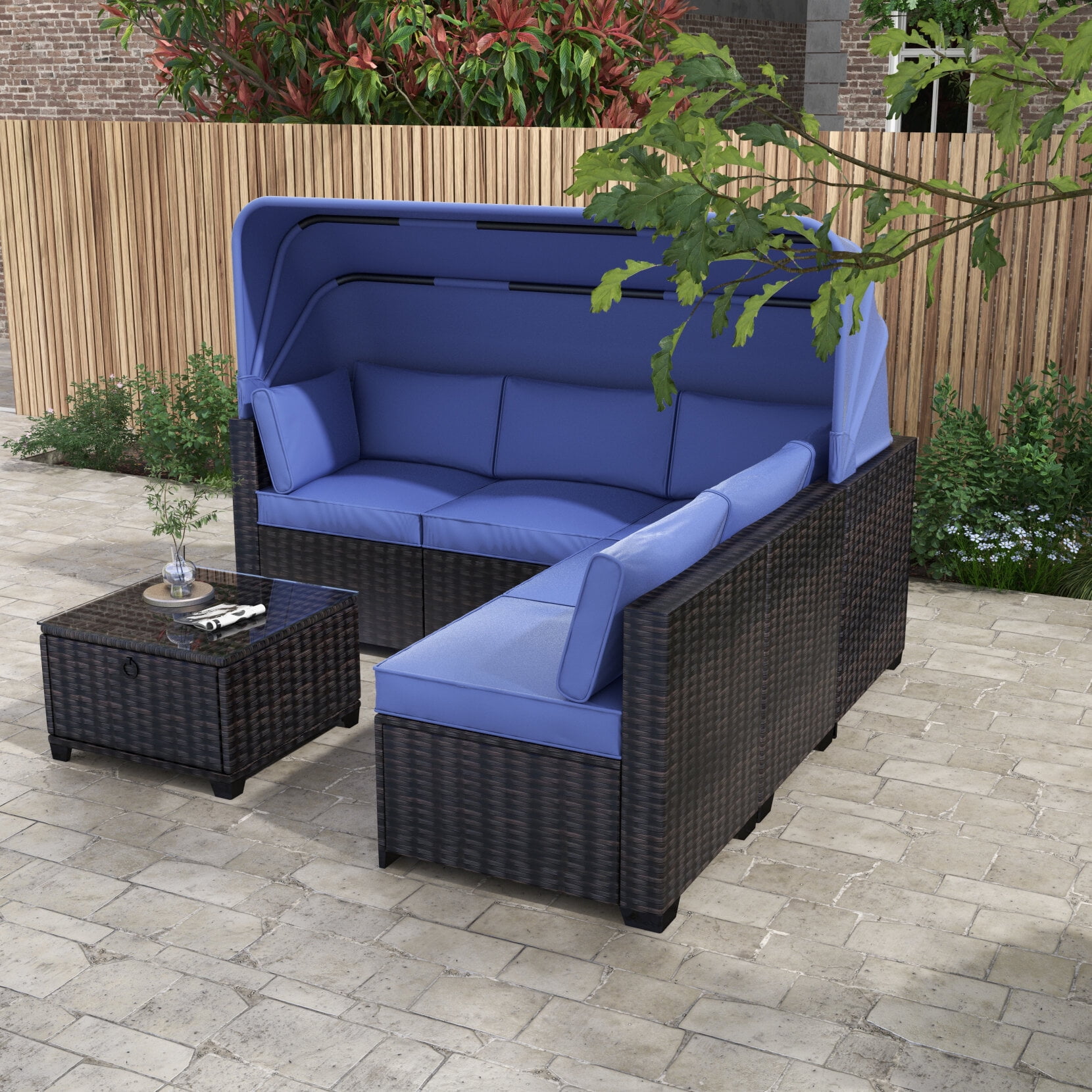 Outdoor Daybed with Canopy, Convertible Patio Sofa Set with Lifting ...