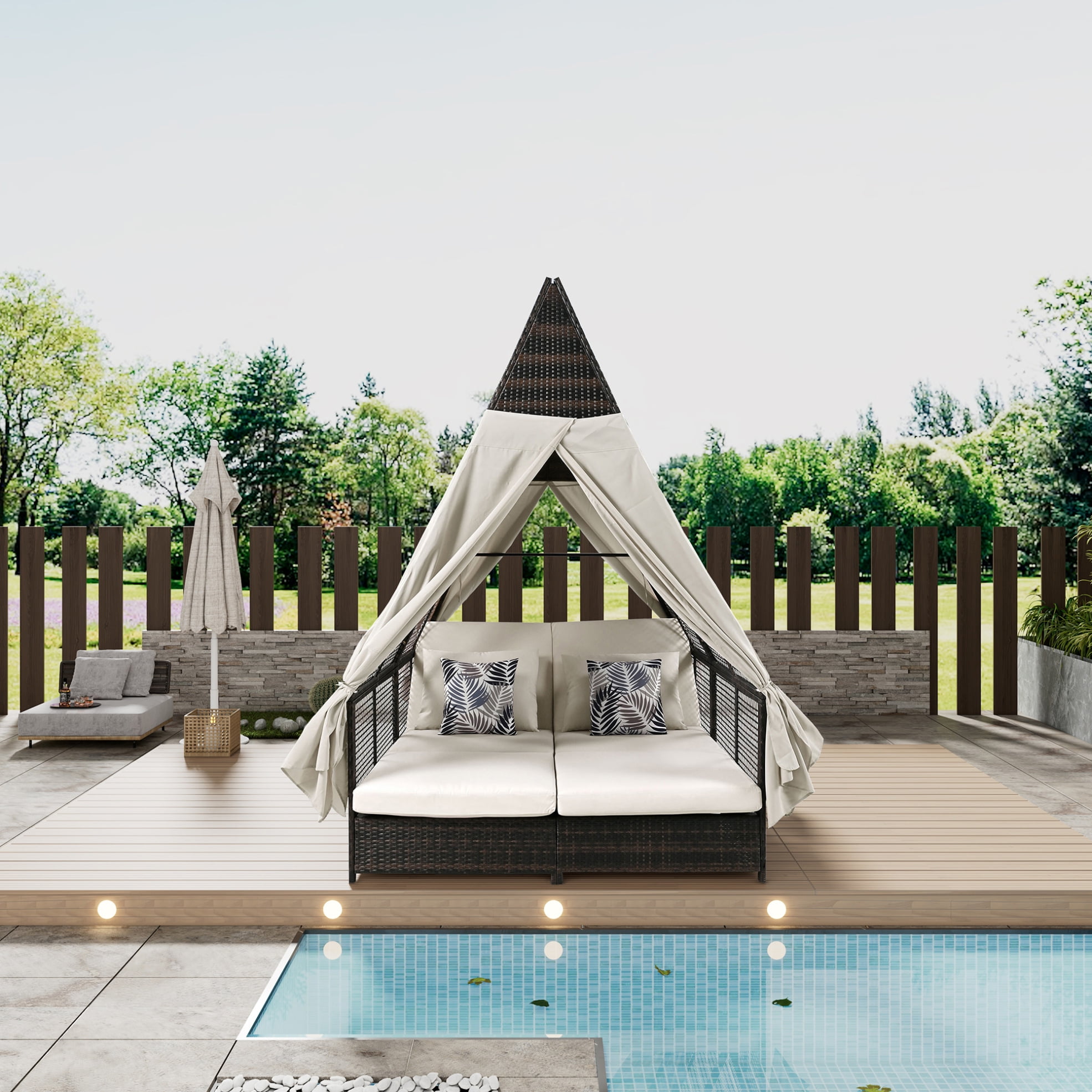 Outdoor Daybed, Patio Lounge Bed with Adjustable Backrest, Double Sun ...