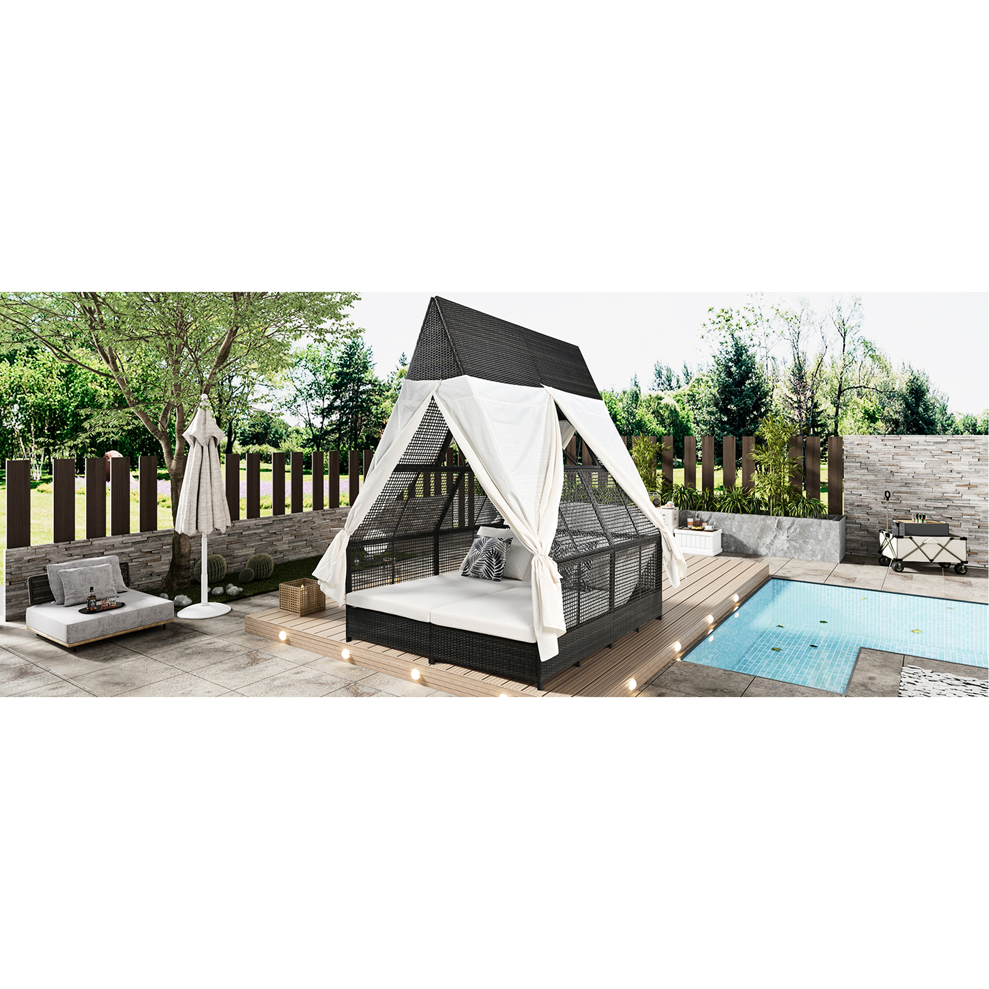 Outdoor Daybed Patio Lounge Bed In Cream Color. 4 Pillows, , Foam ...