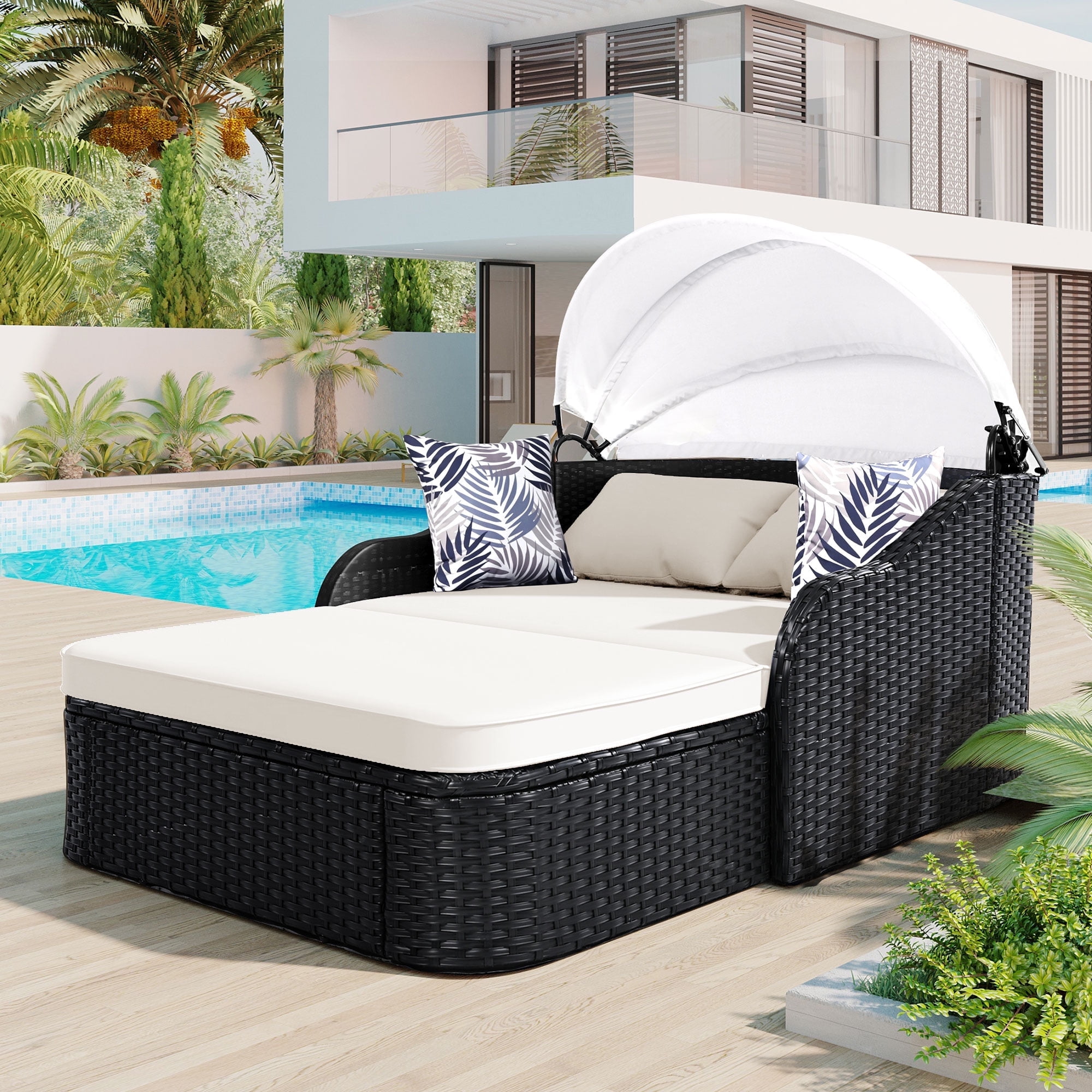 Outdoor Daybed, Patio Sunbed with Adjustable Canopy, PE Rattan Double ...