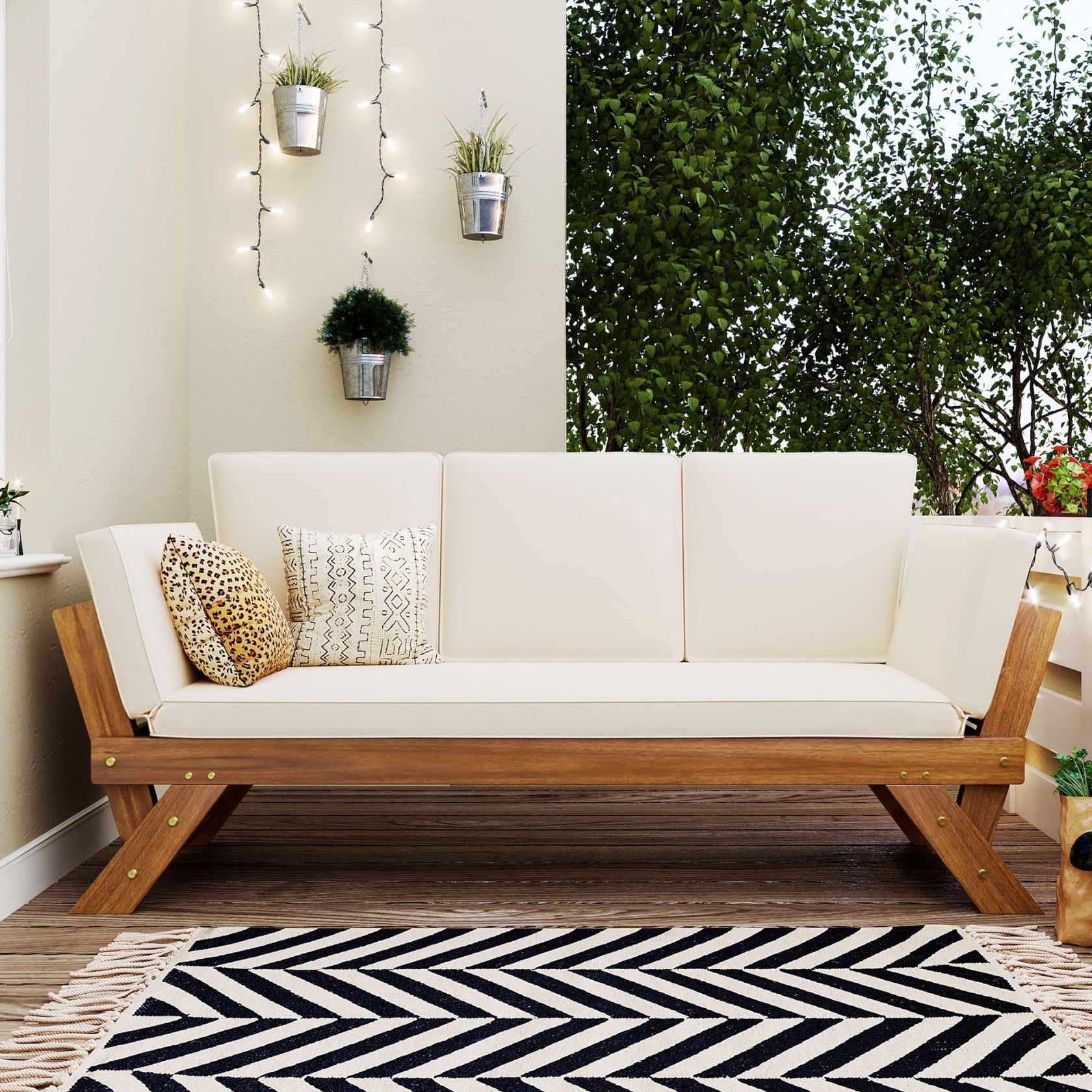Outdoor Daybed Sofa with Adjustable Armrest, Expandable Wood Chaise ...